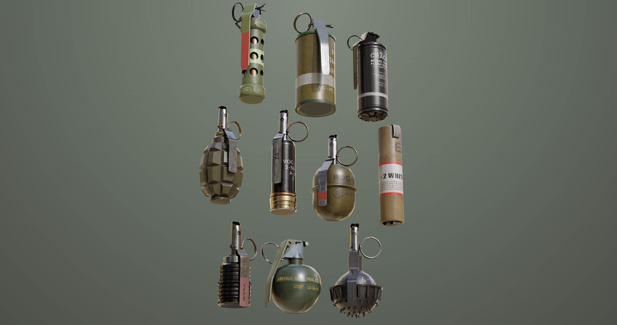 10 Grenades Single Mat All PBR Unity UE Textures - 3D Model by Eight Vertex
