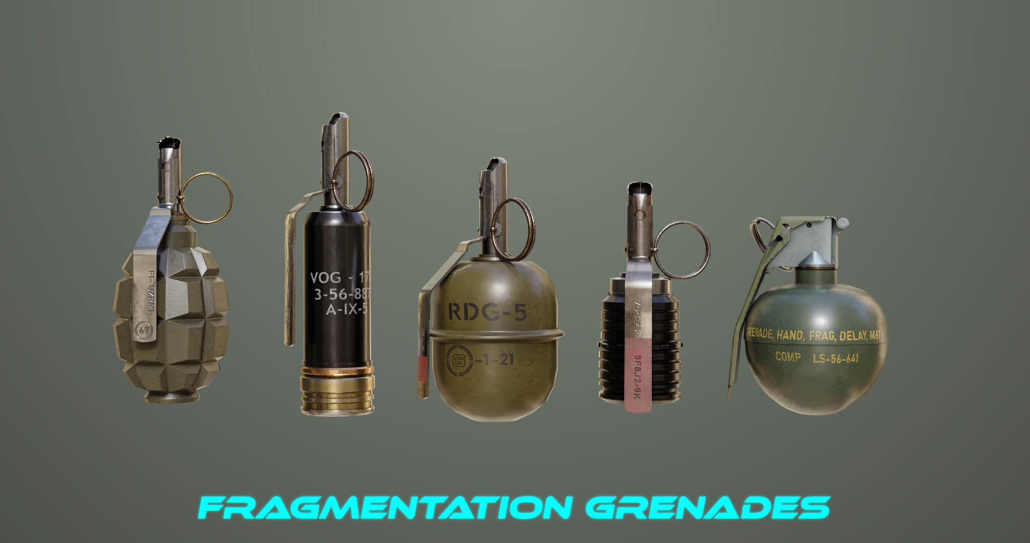 5 Fragmentation Grenades Single Mat All PBR Unity UE Texture - 3D Model by Eight Vertex