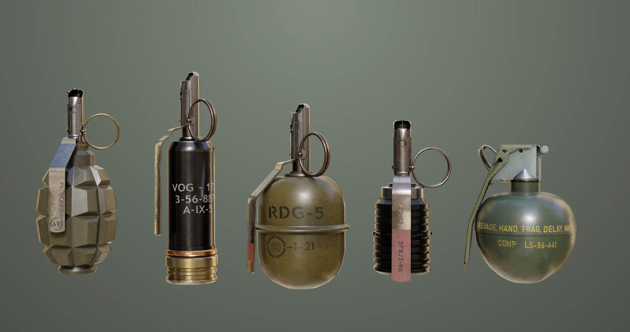 5 Fragmentation Grenades Single Mat All PBR Unity UE Texture - 3D Model by Eight Vertex
