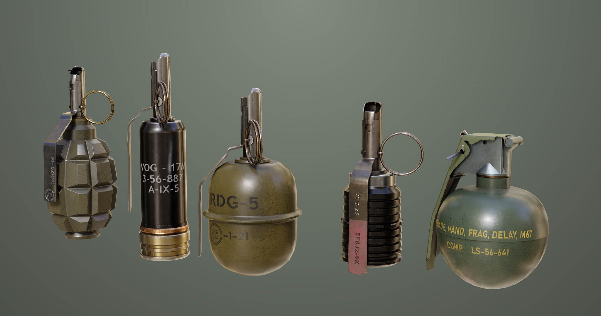 5 Fragmentation Grenades Single Mat All PBR Unity UE Texture - 3D Model by Eight Vertex