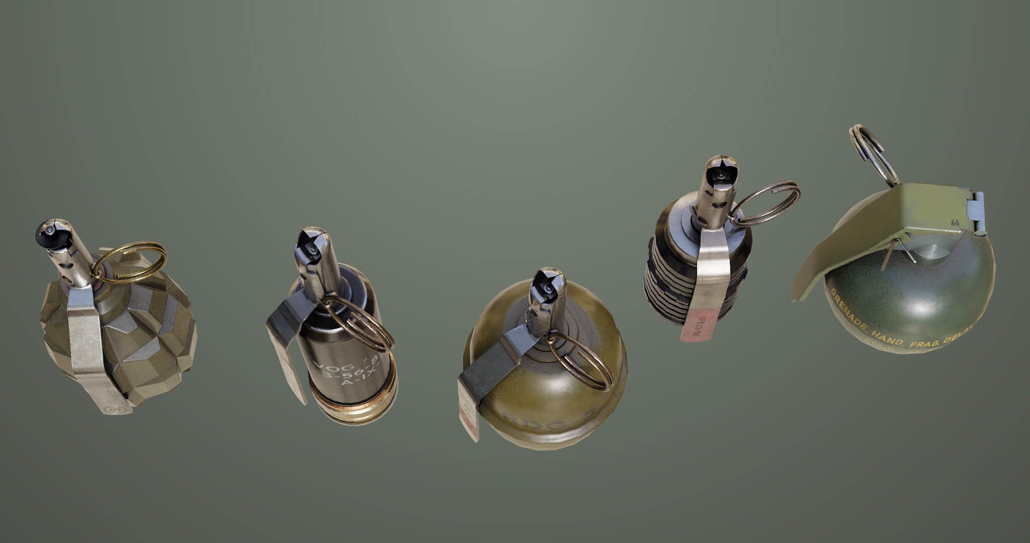 5 Fragmentation Grenades Single Mat All PBR Unity UE Texture - 3D Model by Eight Vertex