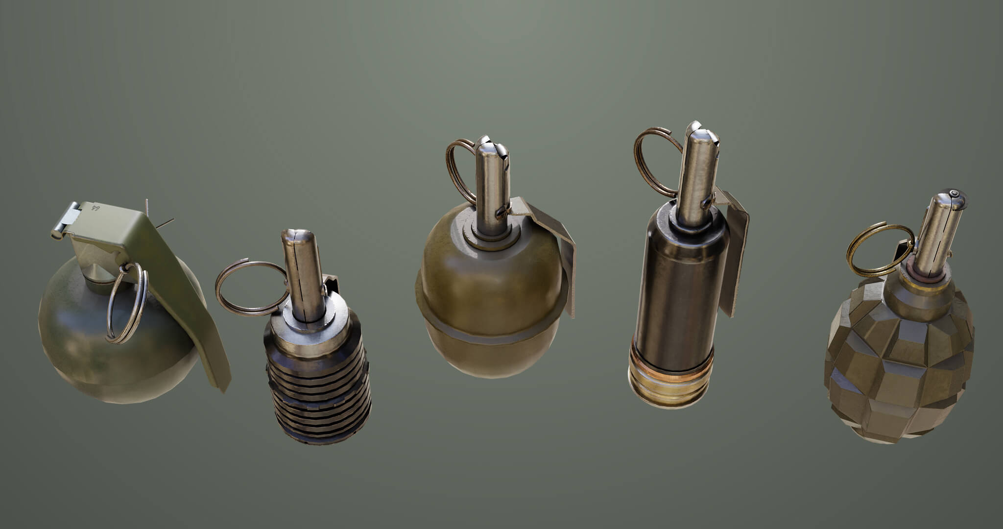 5 Fragmentation Grenades Single Mat All PBR Unity UE Texture - 3D Model by Eight Vertex
