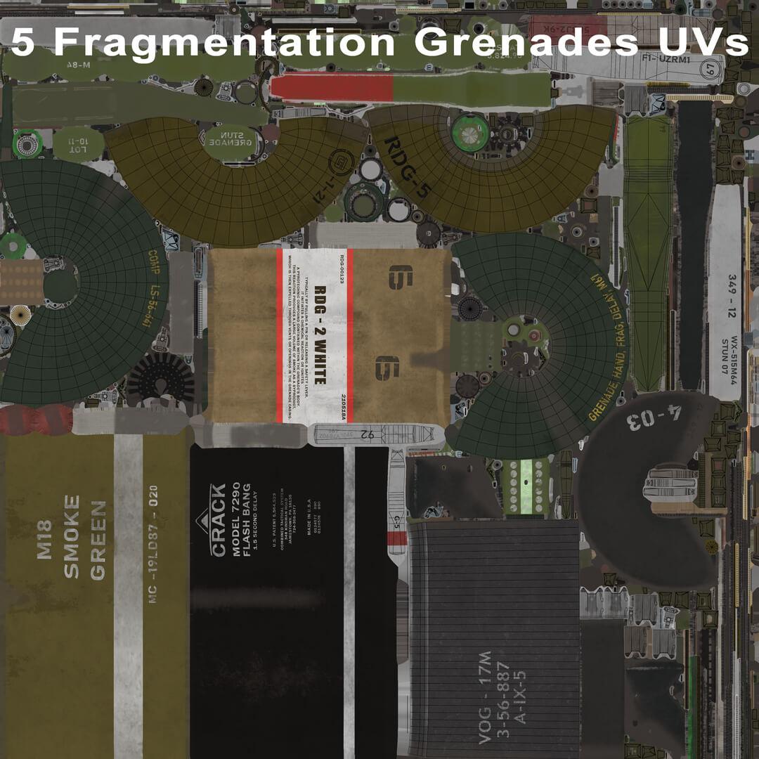 5 Fragmentation Grenades Single Mat All PBR Unity UE Texture - 3D Model ...