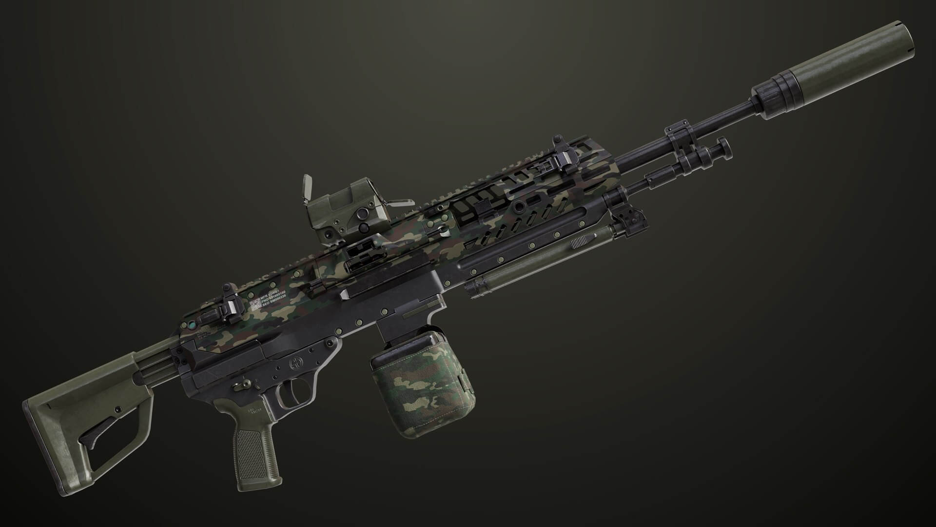 Machine Gun 14 Military Green All PBR Unity UE - 3D Model by Eight Vertex