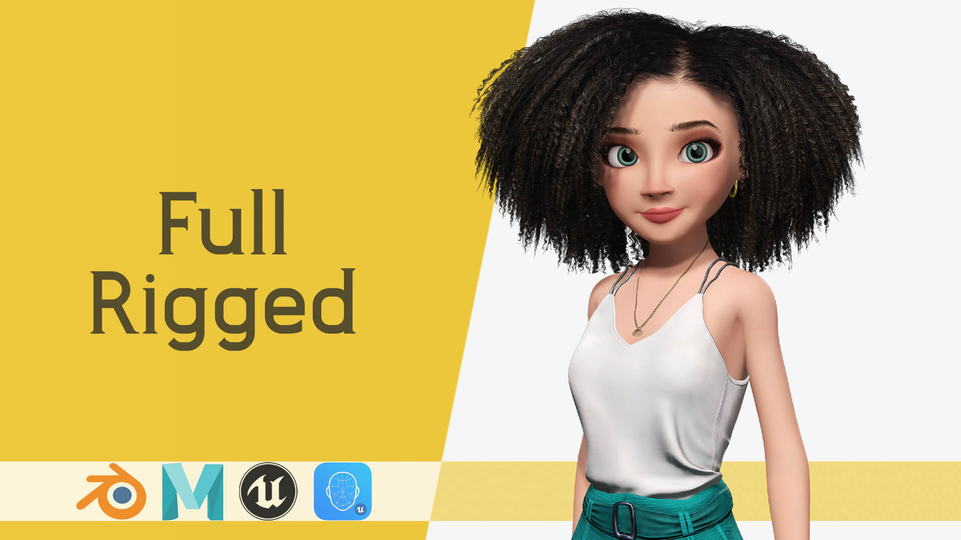 Natural Curly Hair Rigged Stylized 3D Female Expressive Char by Elegant ...