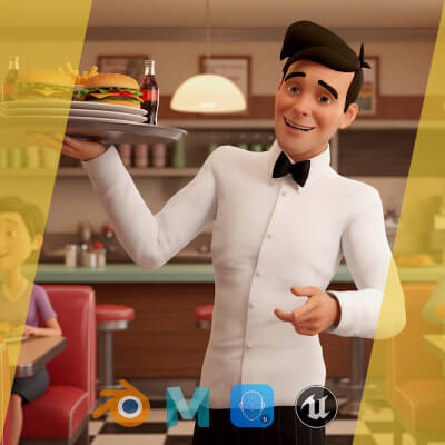 Stylized Cartoon Waiter Rigged Receptionist 3D Character by Elegant Mesh 3D