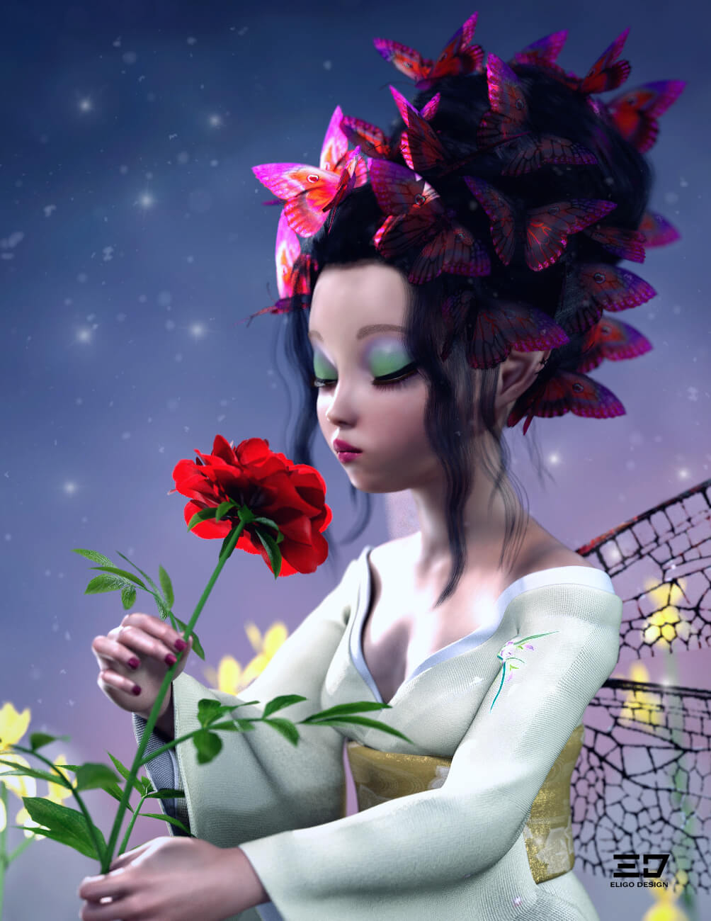 Aka Botan 3D Render, Digital Art by eligodesign