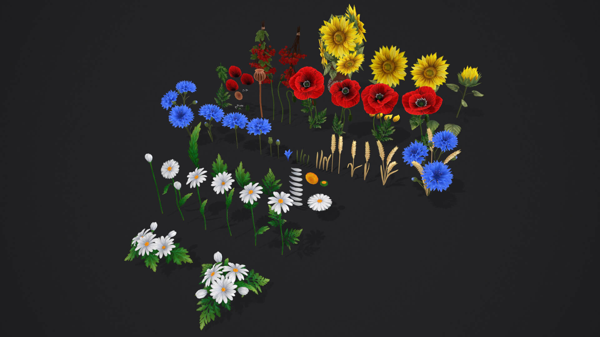 Pack Stylized Handpainted Wild Flowers Low Poly 3D Model by Enkarra