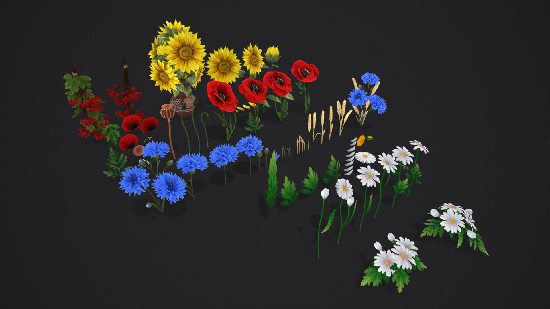 Pack Stylized Handpainted Wild Flowers Low Poly 3D Model by Enkarra