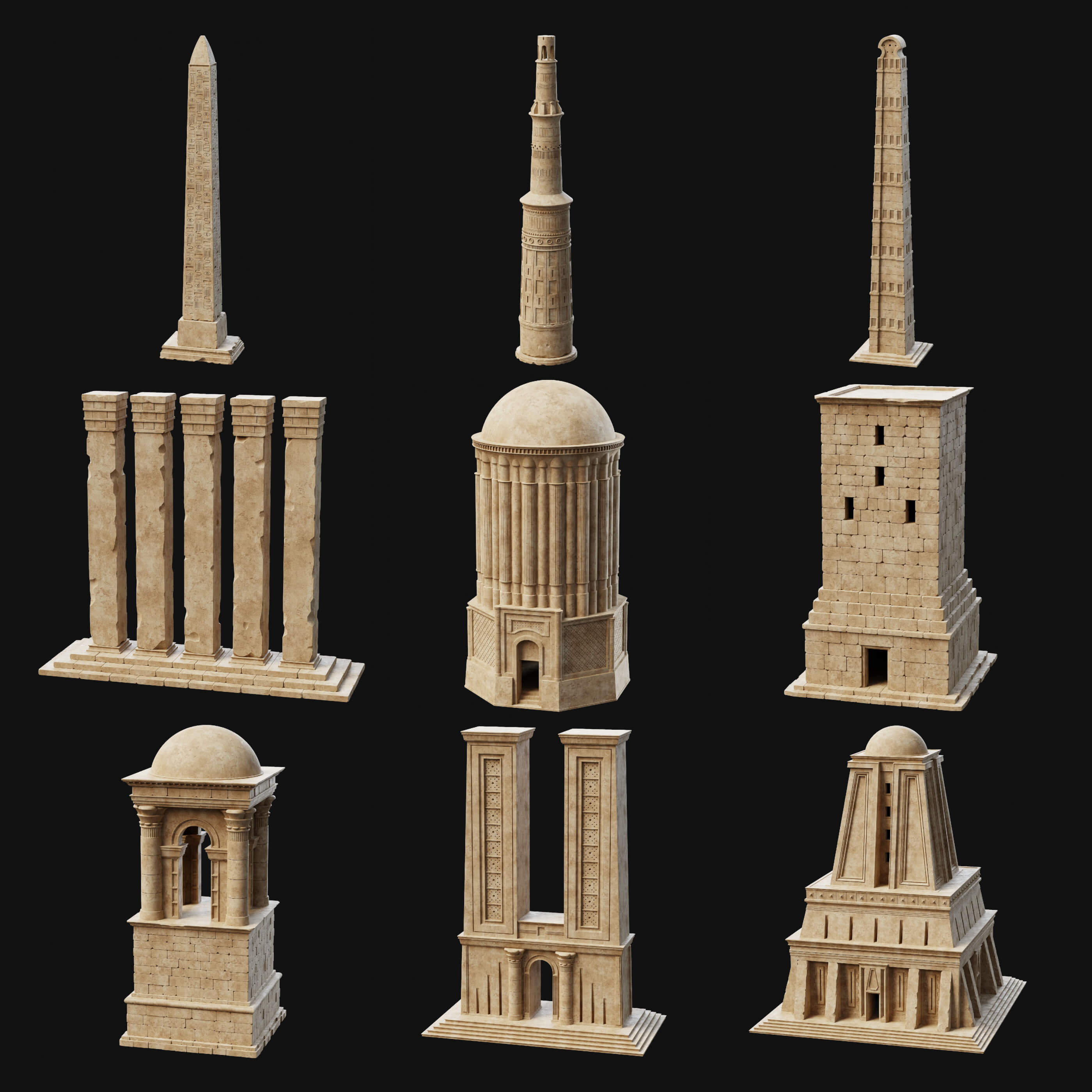 Ancient Monument Statue Column Collection - 3D Model by Enterables