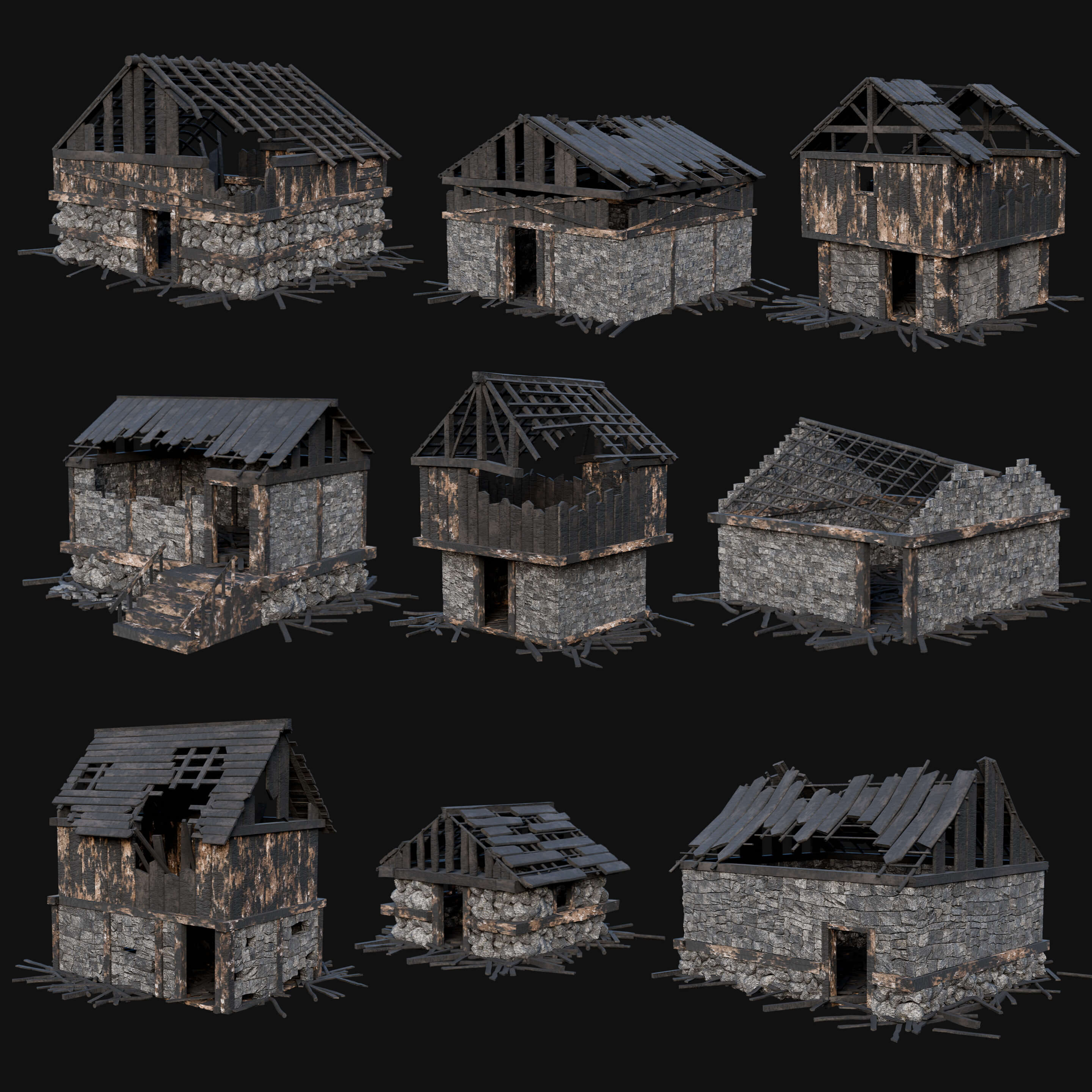 Burned Stone Medieval Houses Collection - 3D Model by Enterables