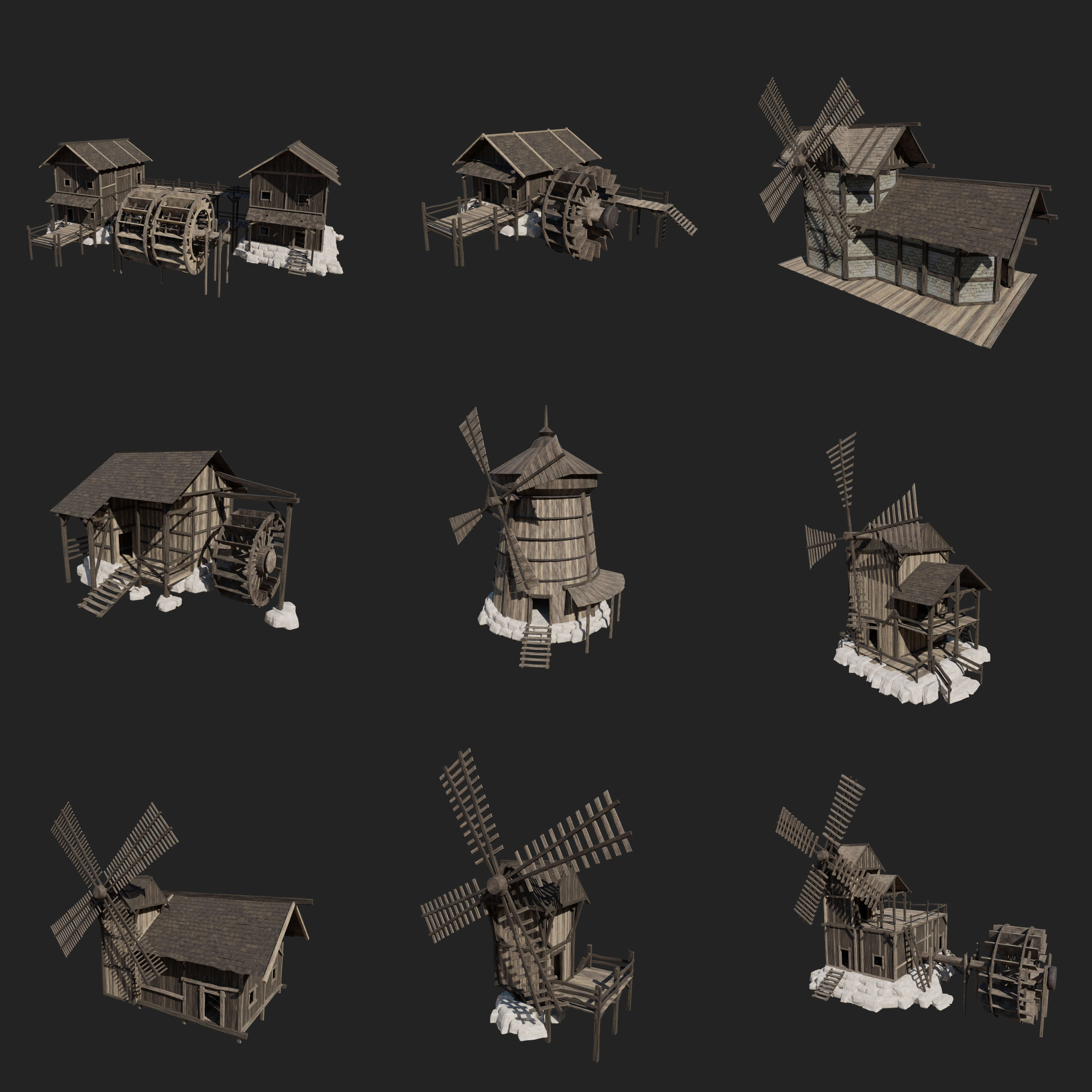 Medieval Mill Windmill Watermill Collection - 3D Model by Enterables