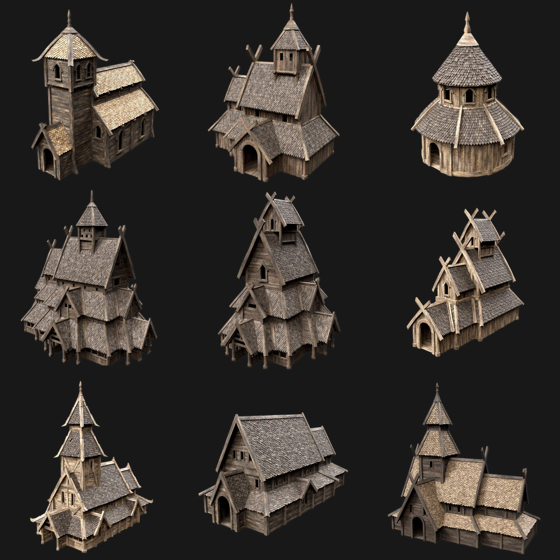 Medieval Wooden Viking Gothic Church Collection - 3D Model by Enterables
