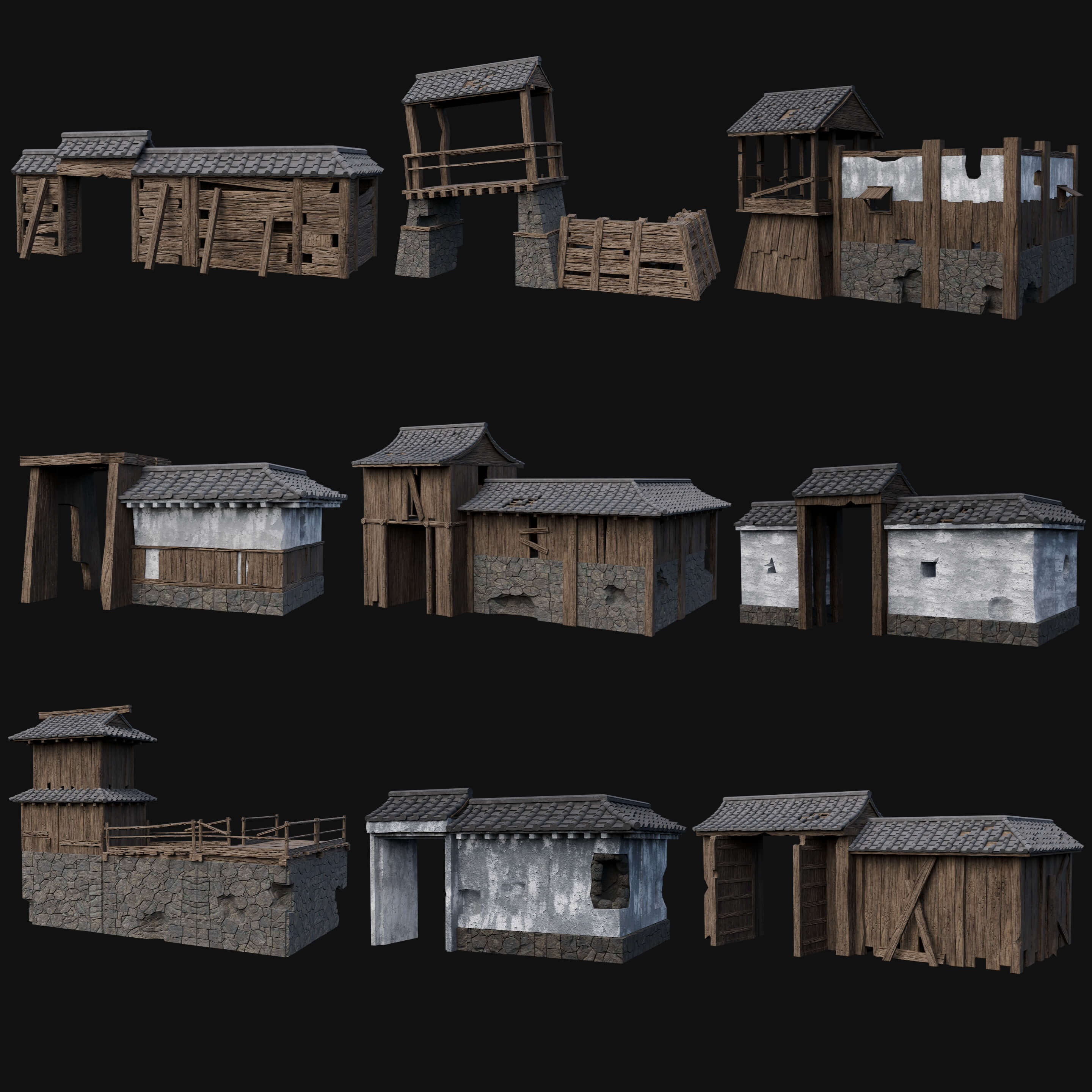 Ruined Japanese Fortress Feudal Walls Collection - 3D Model by Enterables