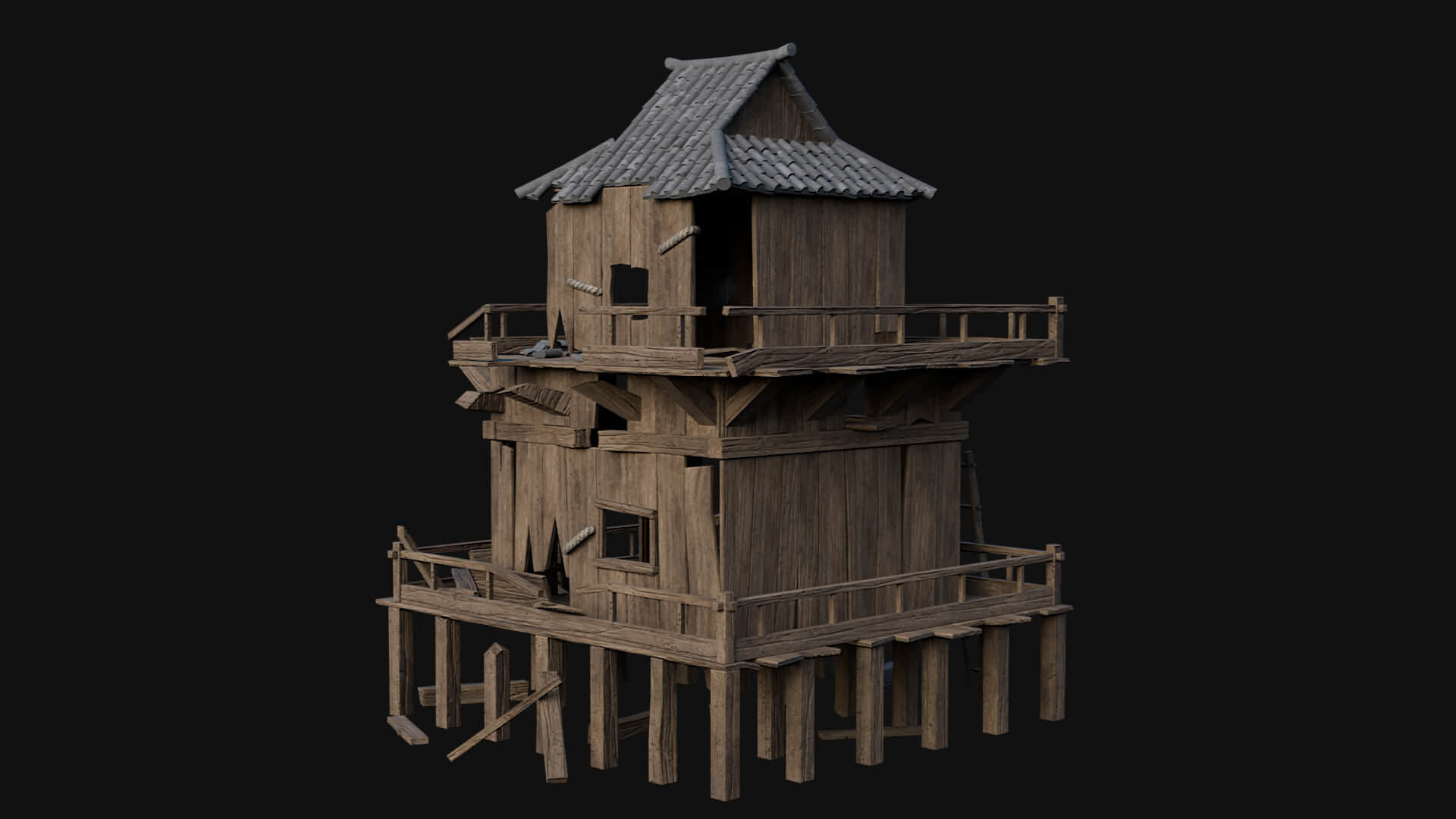 Ruined Japanese Fortress Feudal Watchtower Collection - 3D Model by Enterables