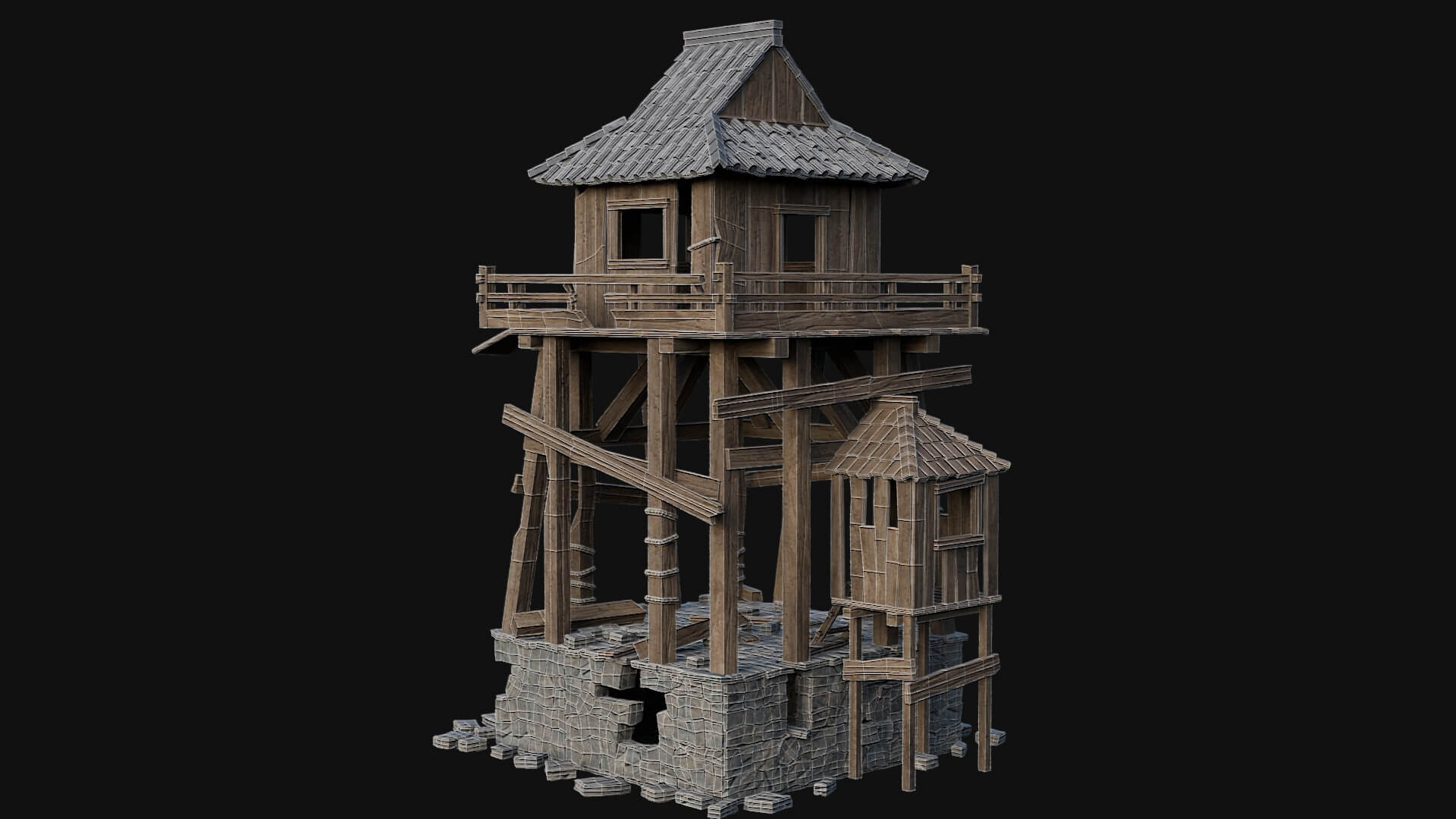 Ruined Japanese Fortress Feudal Watchtower Collection - 3D Model by Enterables