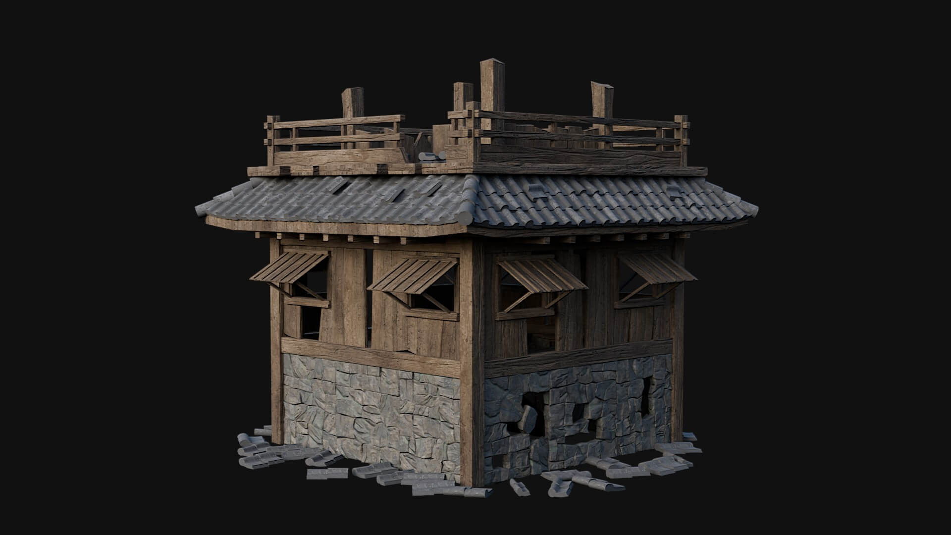 Ruined Japanese Fortress Feudal Watchtower Collection - 3D Model by Enterables