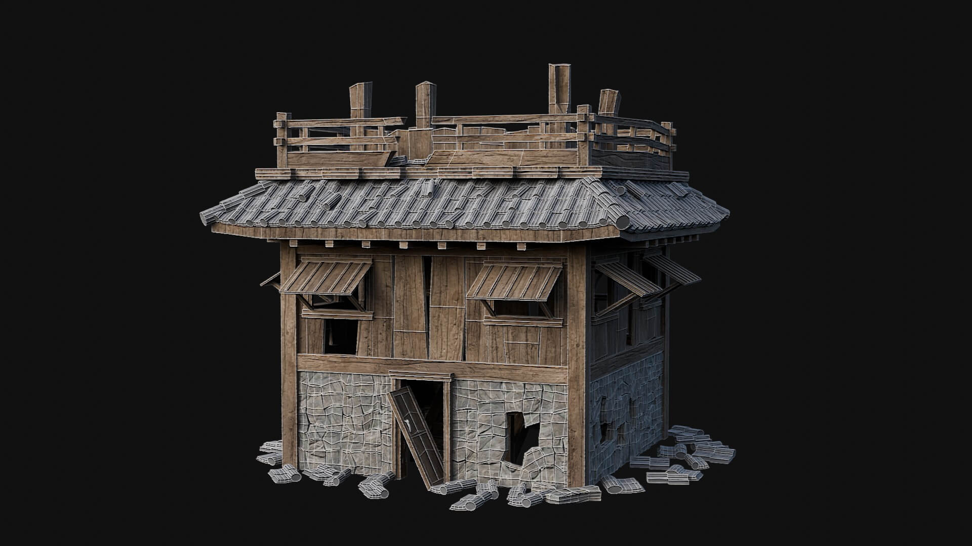 Ruined Japanese Fortress Feudal Watchtower Collection - 3D Model by Enterables