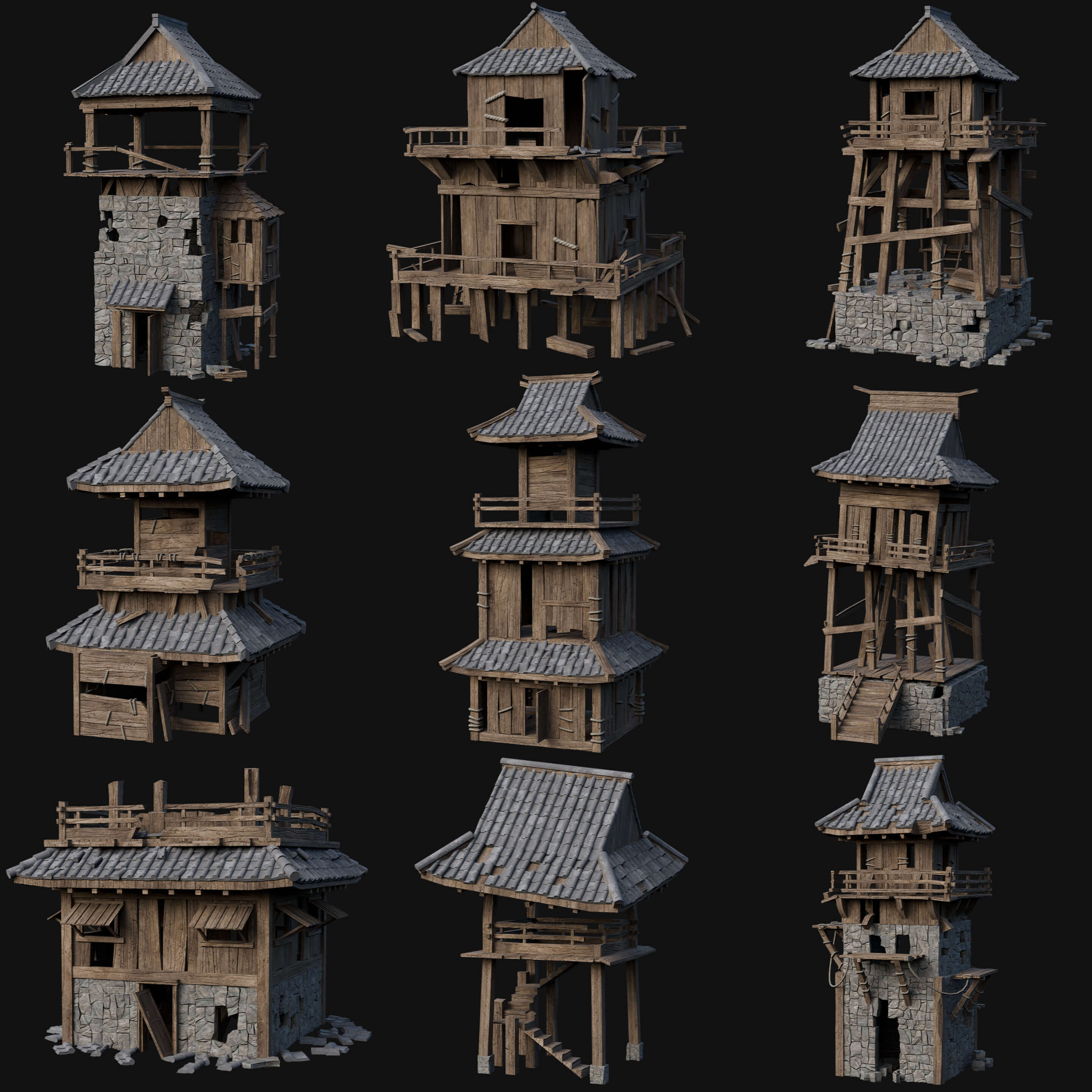 Ruined Japanese Fortress Feudal Watchtower Collection - 3D Model by ...