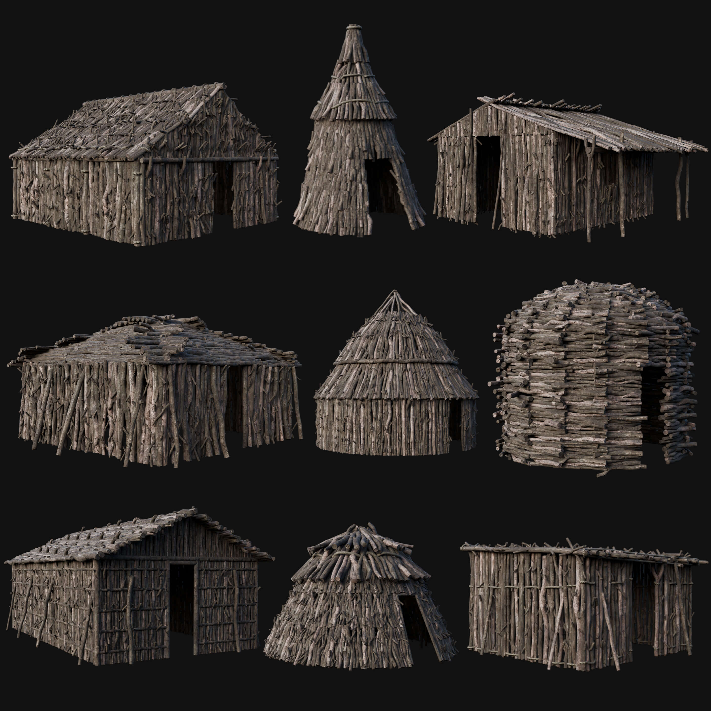 Stick Huts Primitive Shelter Collection - 3D Model by Enterables