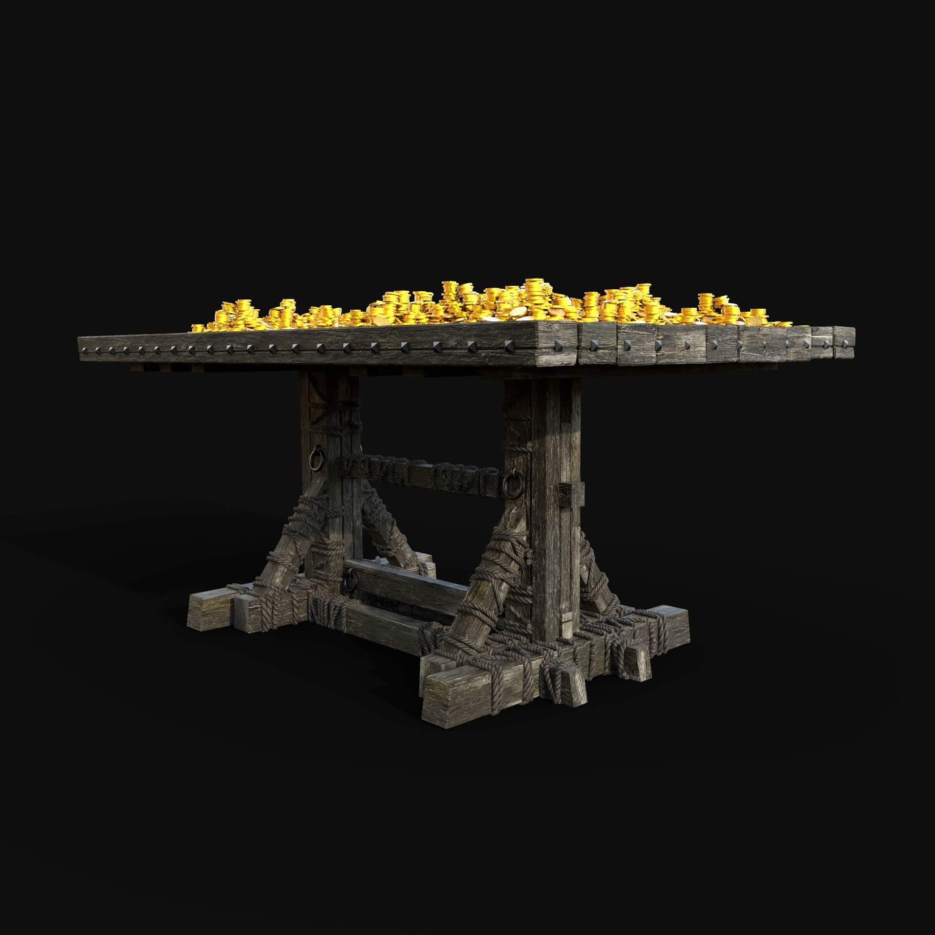 Wooden Table With Gold Coins - 3D Model by Enterables
