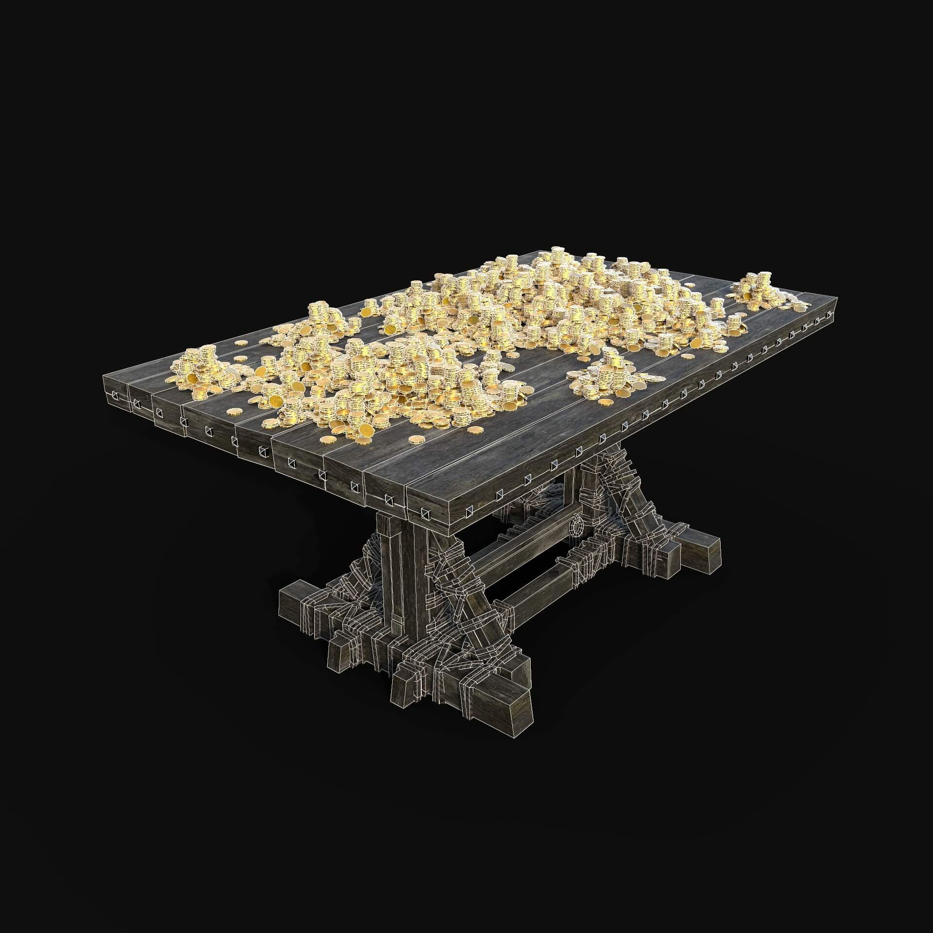 Wooden Table With Gold Coins - 3D Model by Enterables