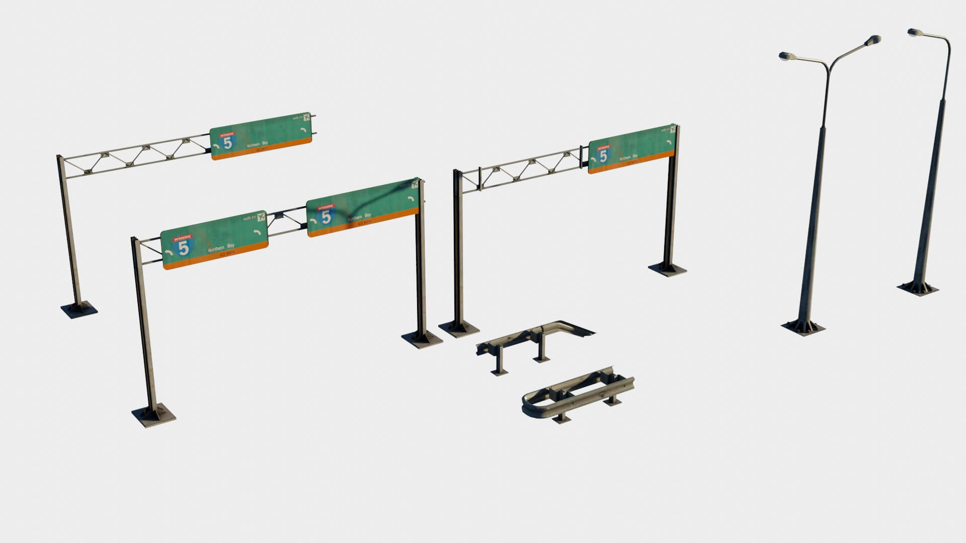Highway Guard Rail Signs and Street Lights - 3D Model by esmileonline