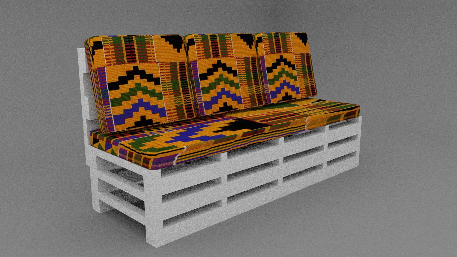 White Wood Three Seater Sofa With African Ghanaian Kante Fa - 3D Model ...