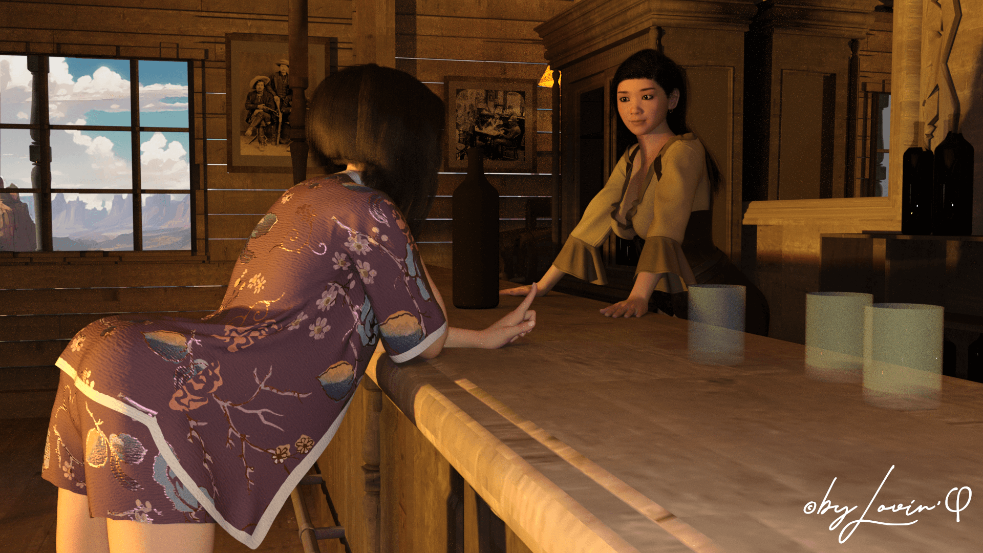 Sim Ki as Saloon Barfly 3D Render, Digital Art by Fanfaria