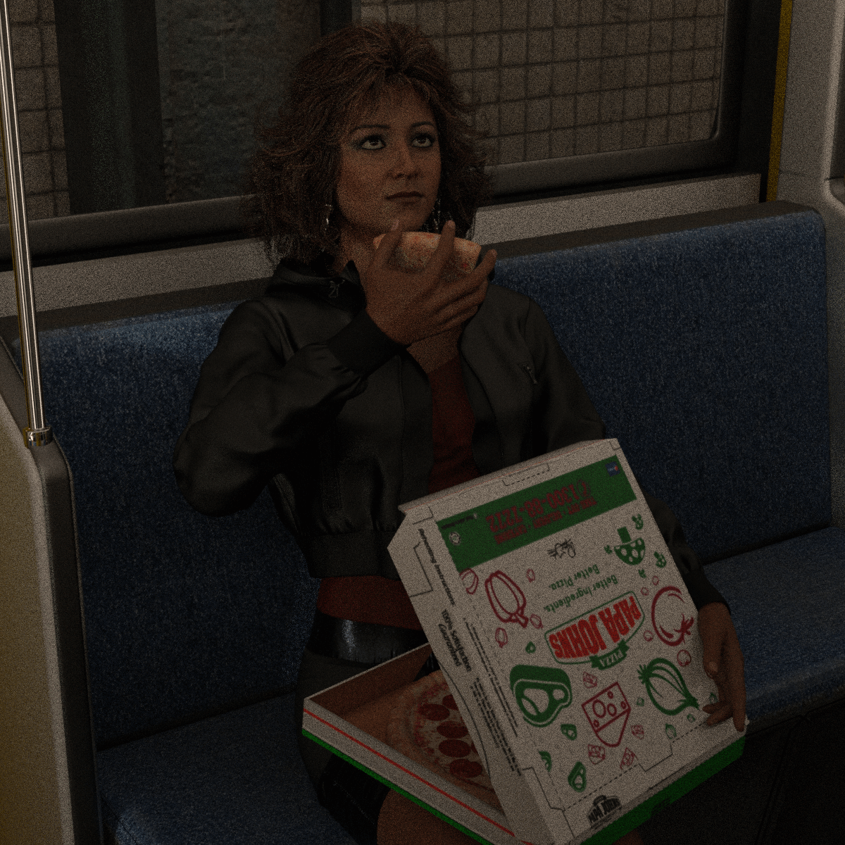 Elizabeth eating pizza in Subway Train 3D Render by FanofPower34
