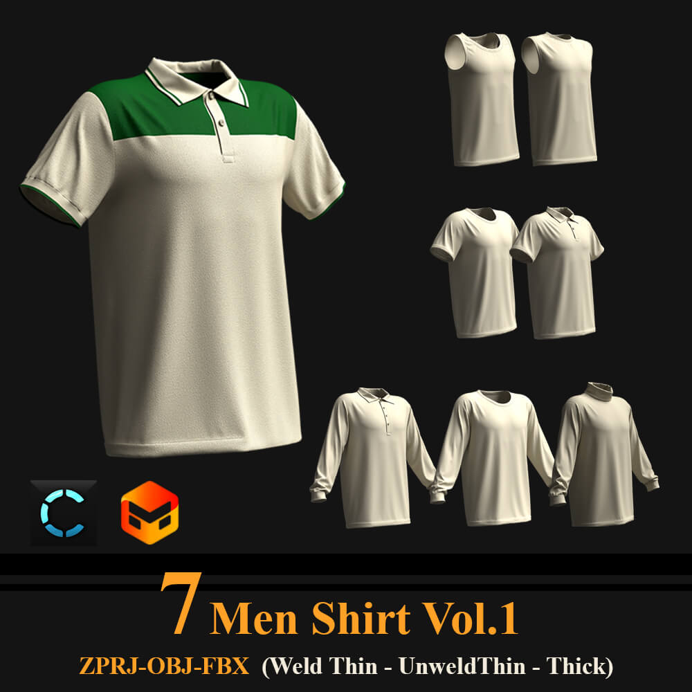 7 Men Shirts Vol.01 (Marvelous DesignerClo3d)(ZPRJ+OBJ+FBX) 3D Render