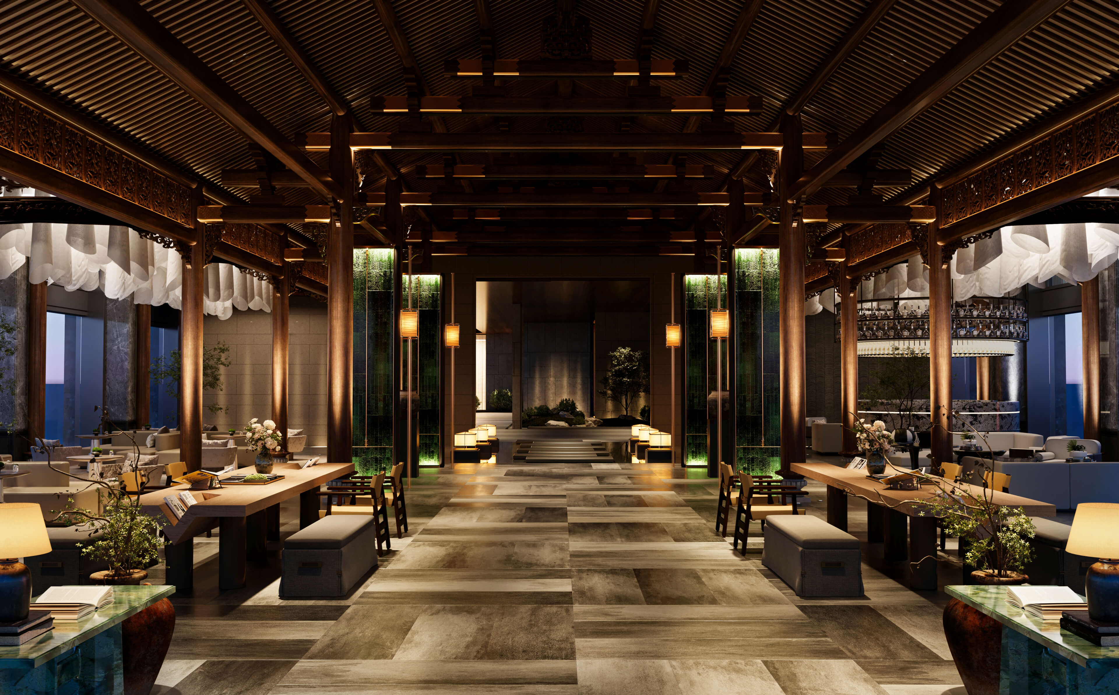 Chinese Style Hotel Lobby 3D Render, Digital Art by fsy