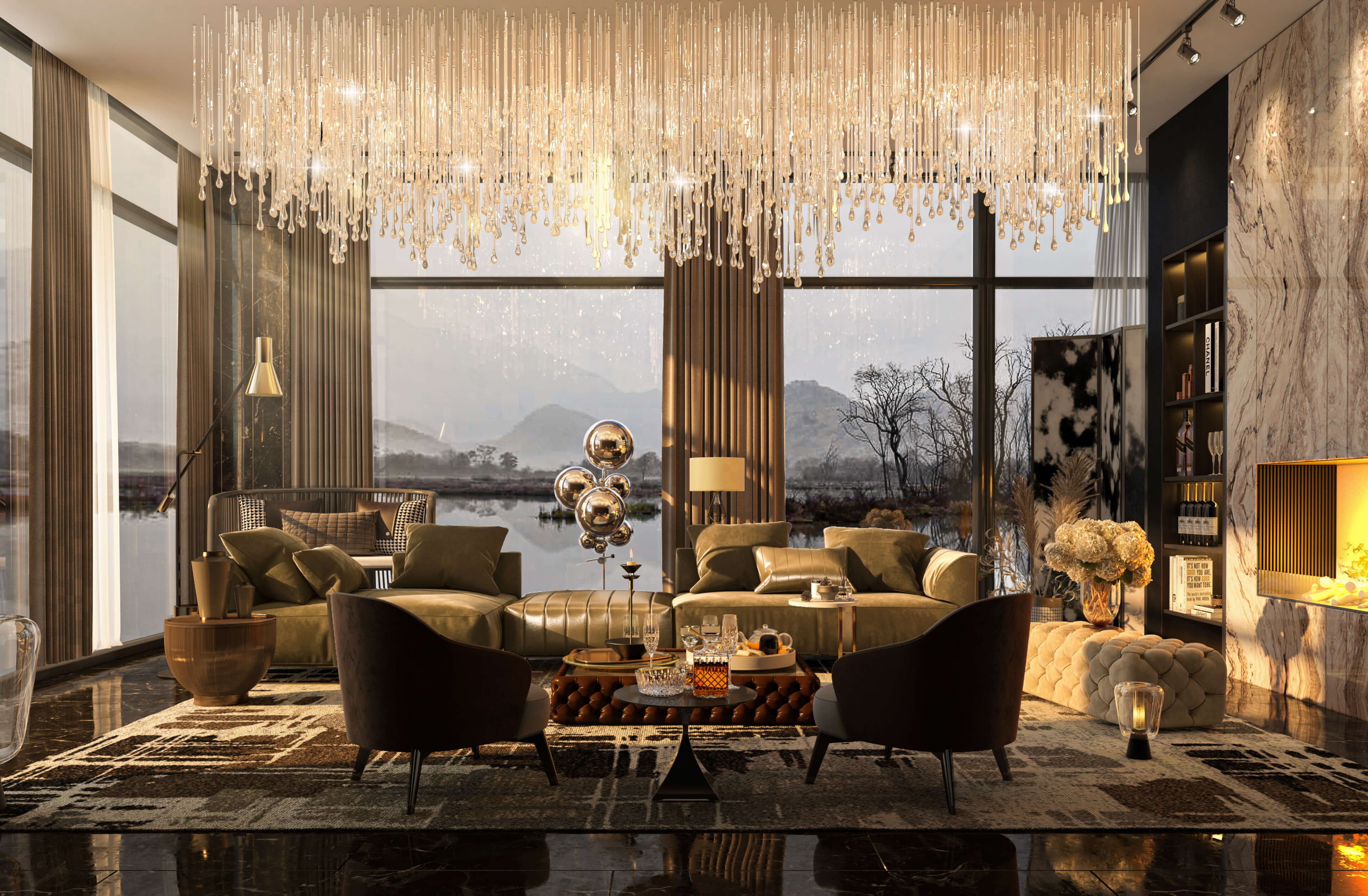 Light Luxury Living Room 3D Render, Digital Art by fsy