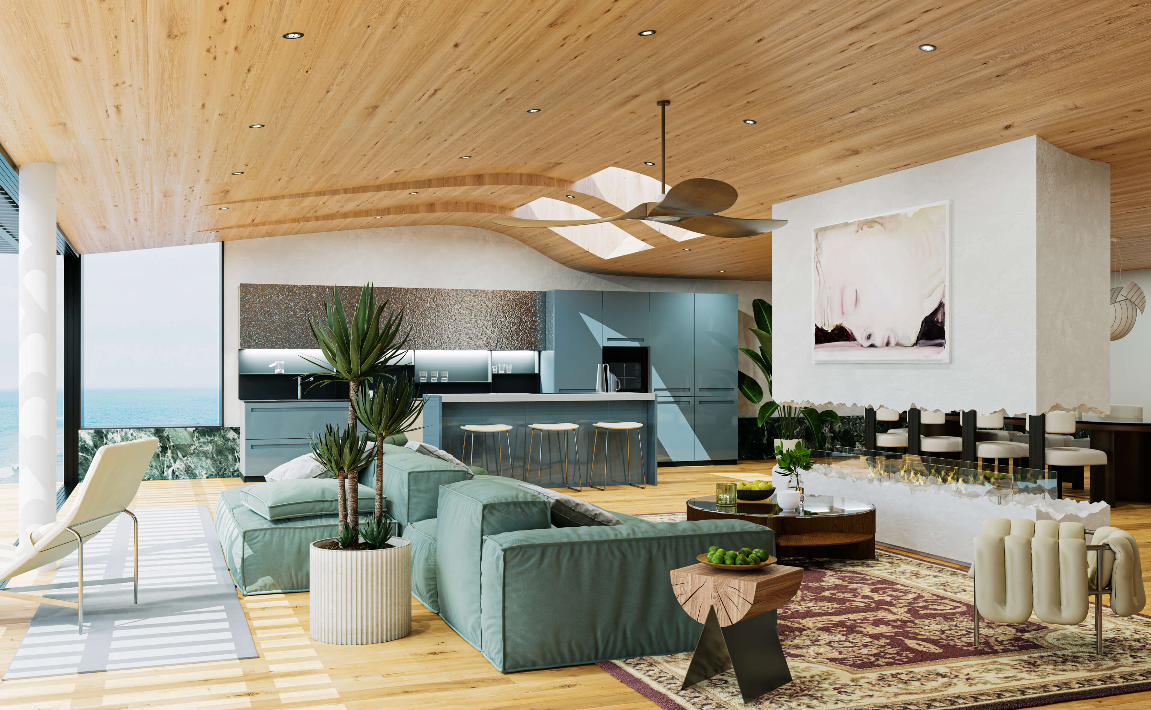 Living Room of Seaside Villa 3D Render, Digital Art by fsy