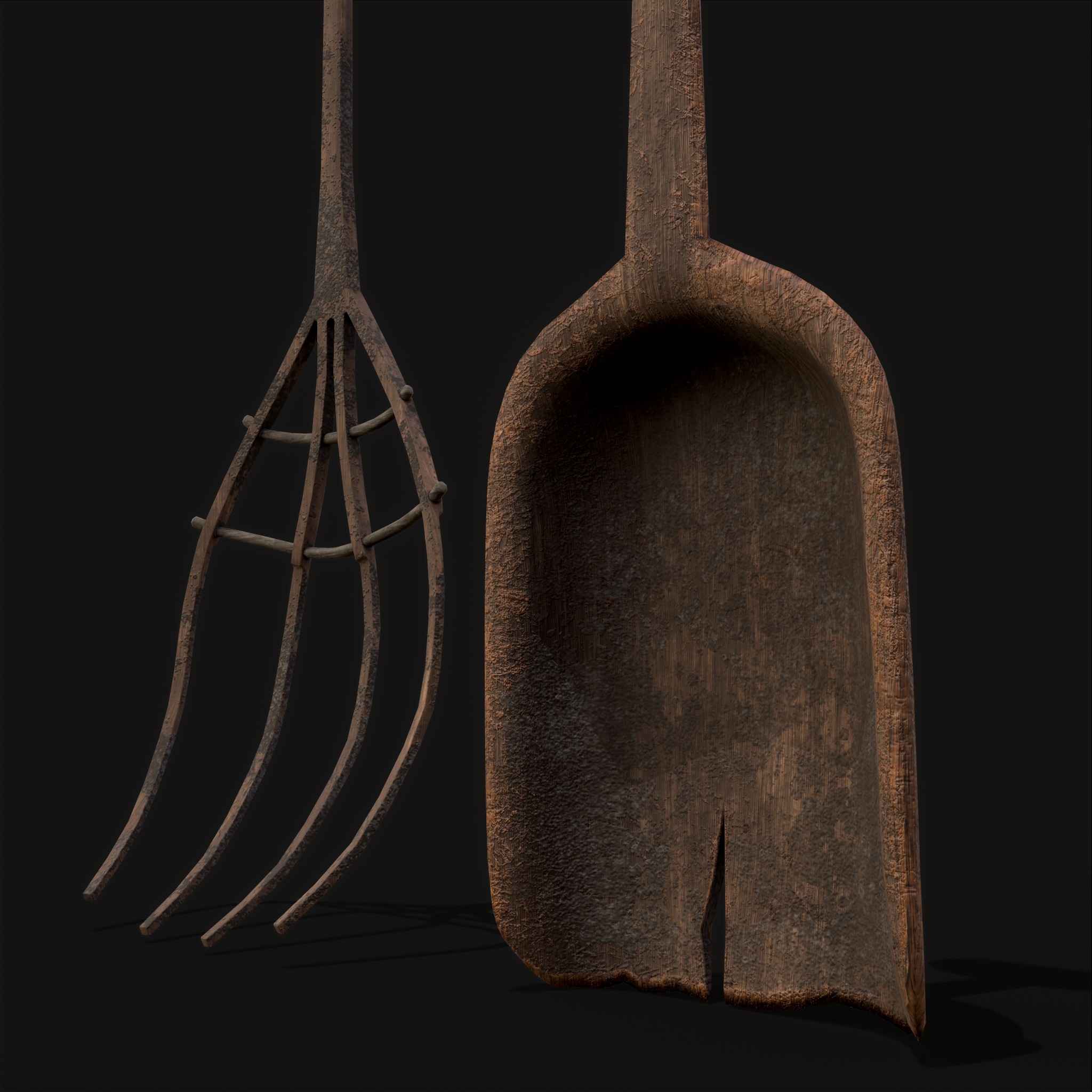 Rustic Medieval Wooden Shovel and Rake - 3D Model by Get Dead Entertainment