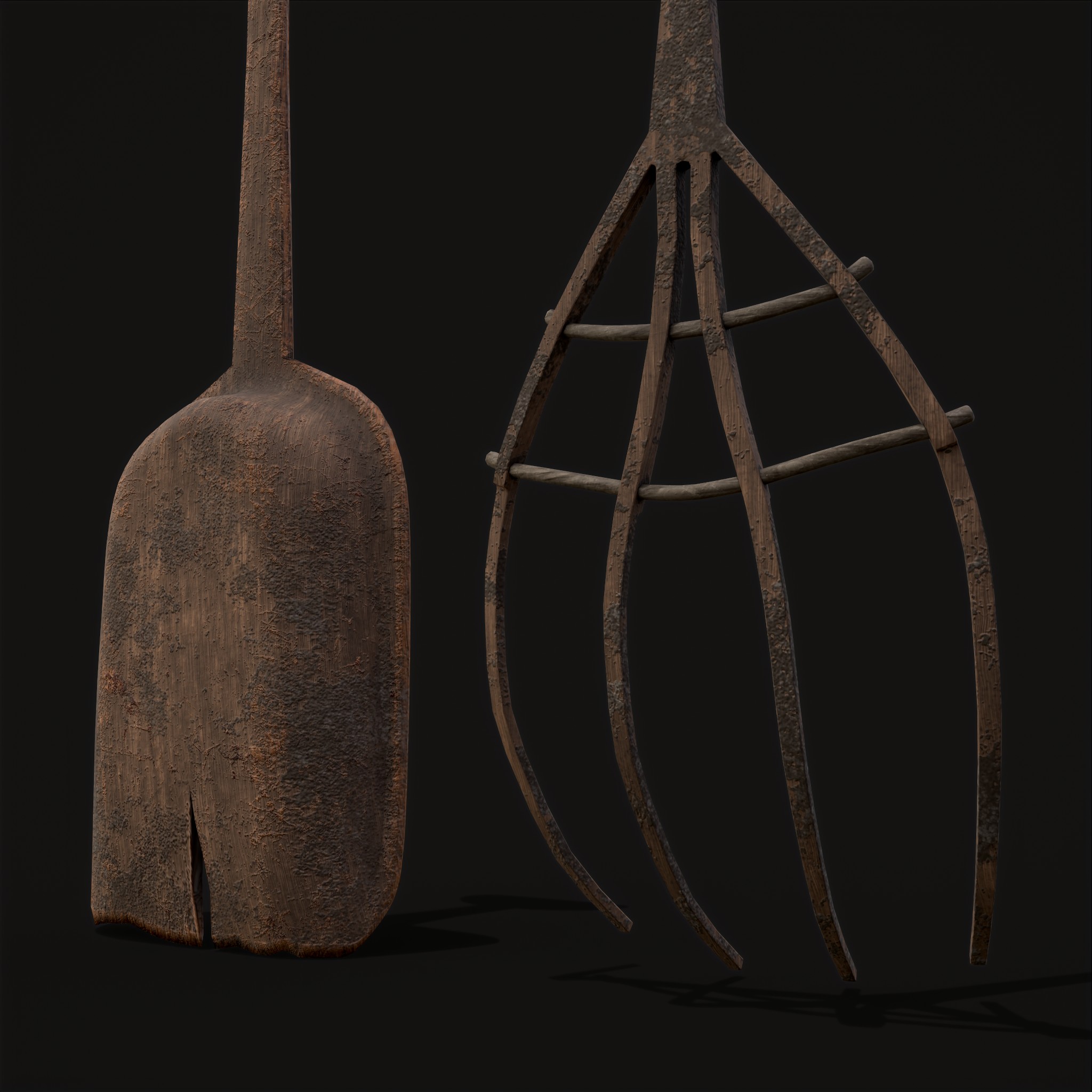 Rustic Medieval Wooden Shovel and Rake - 3D Model by Get Dead Entertainment