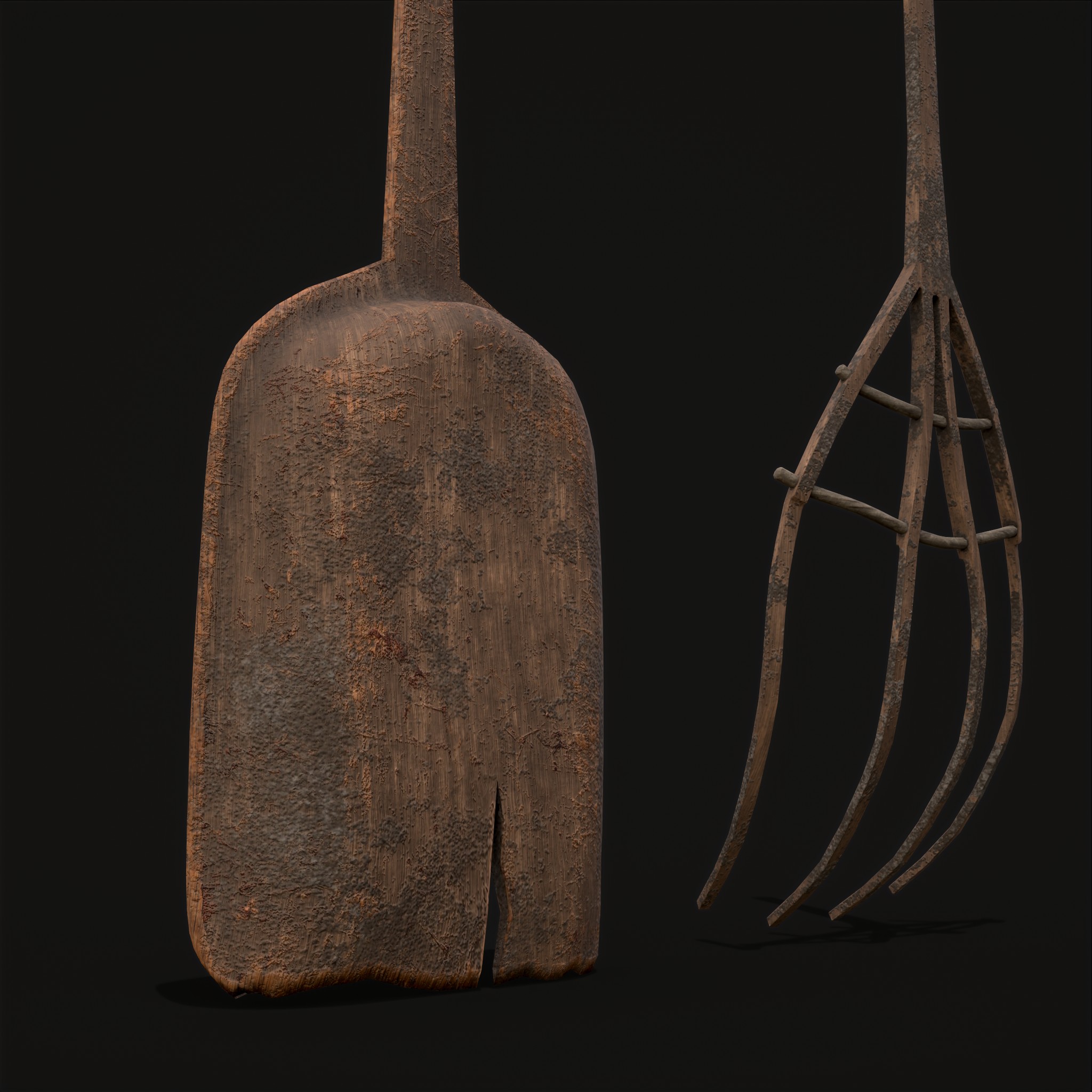 Rustic Medieval Wooden Shovel and Rake - 3D Model by Get Dead Entertainment