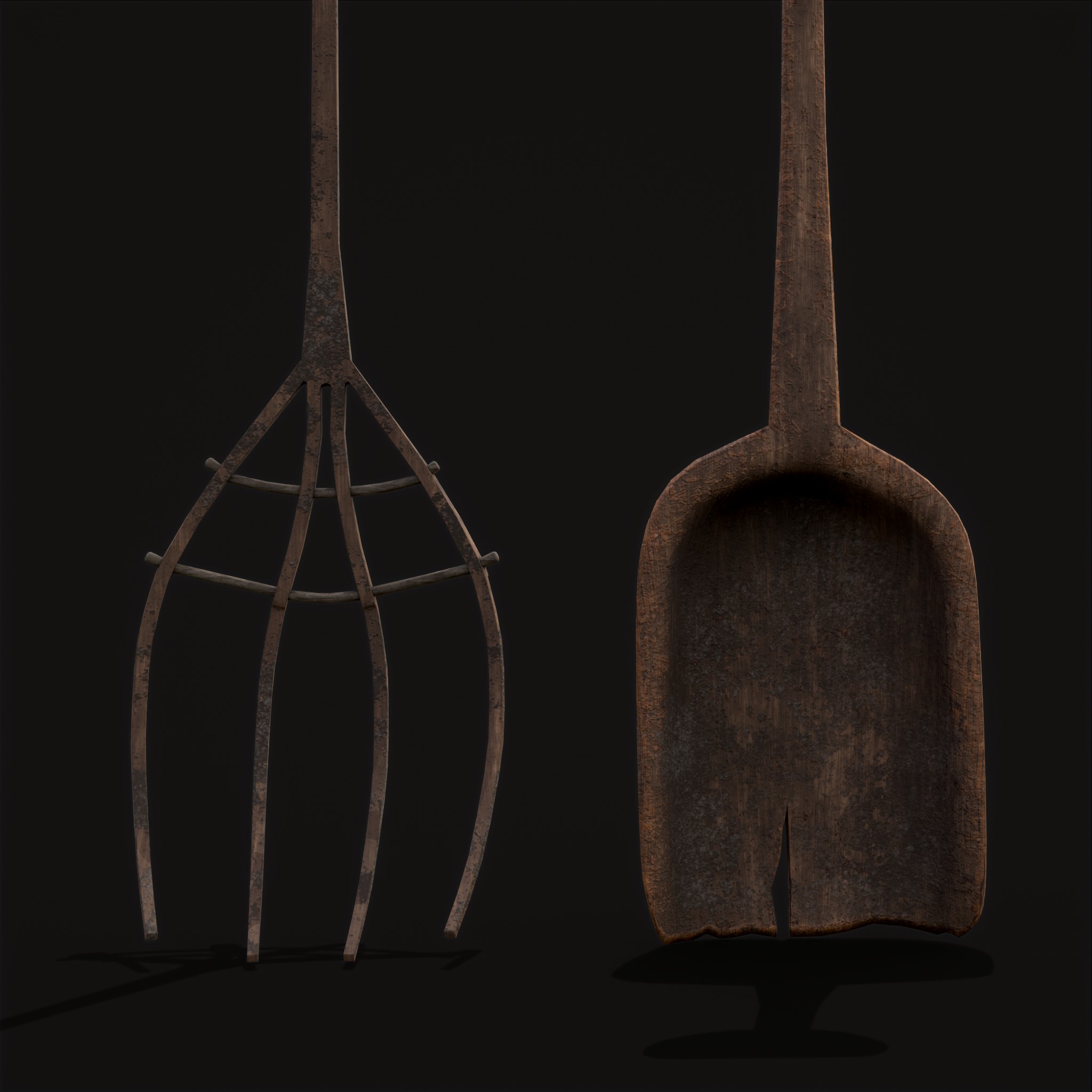 Rustic Medieval Wooden Shovel and Rake - 3D Model by Get Dead Entertainment