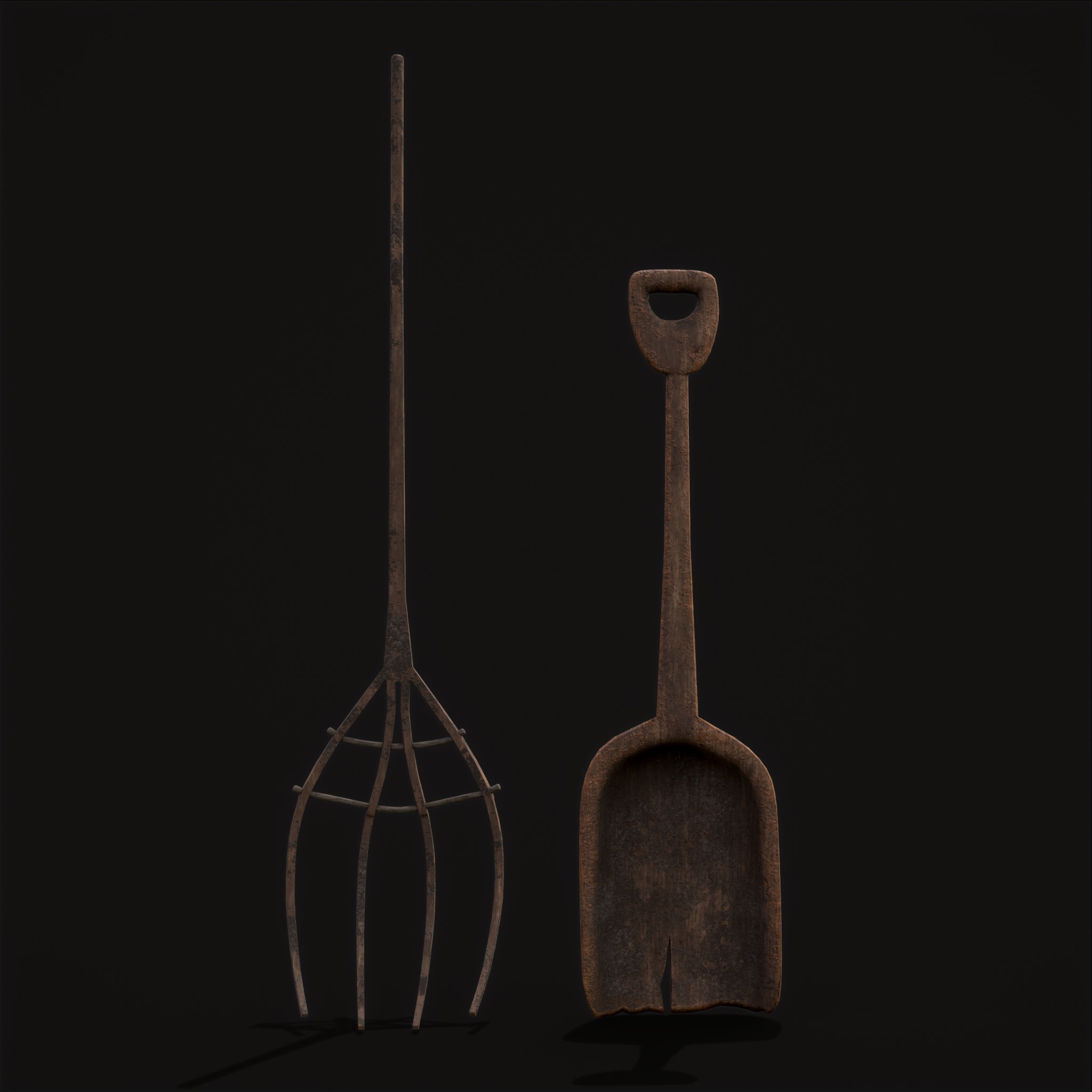 Rustic Medieval Wooden Shovel and Rake - 3D Model by Get Dead Entertainment