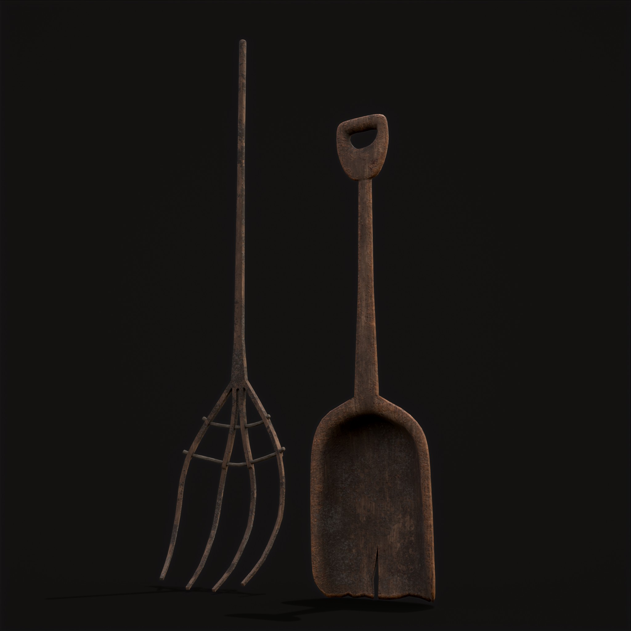 Rustic Medieval Wooden Shovel and Rake - 3D Model by Get Dead Entertainment