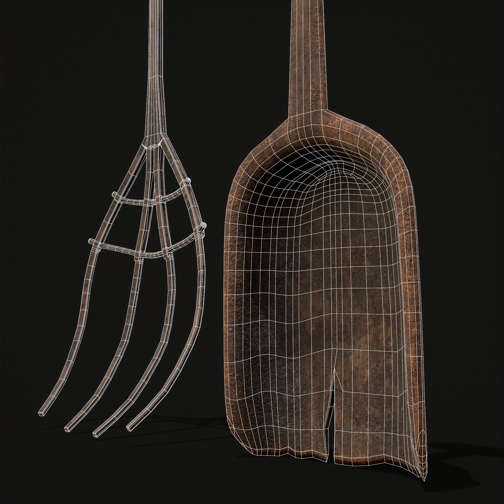 Rustic Medieval Wooden Shovel and Rake - 3D Model by Get Dead Entertainment