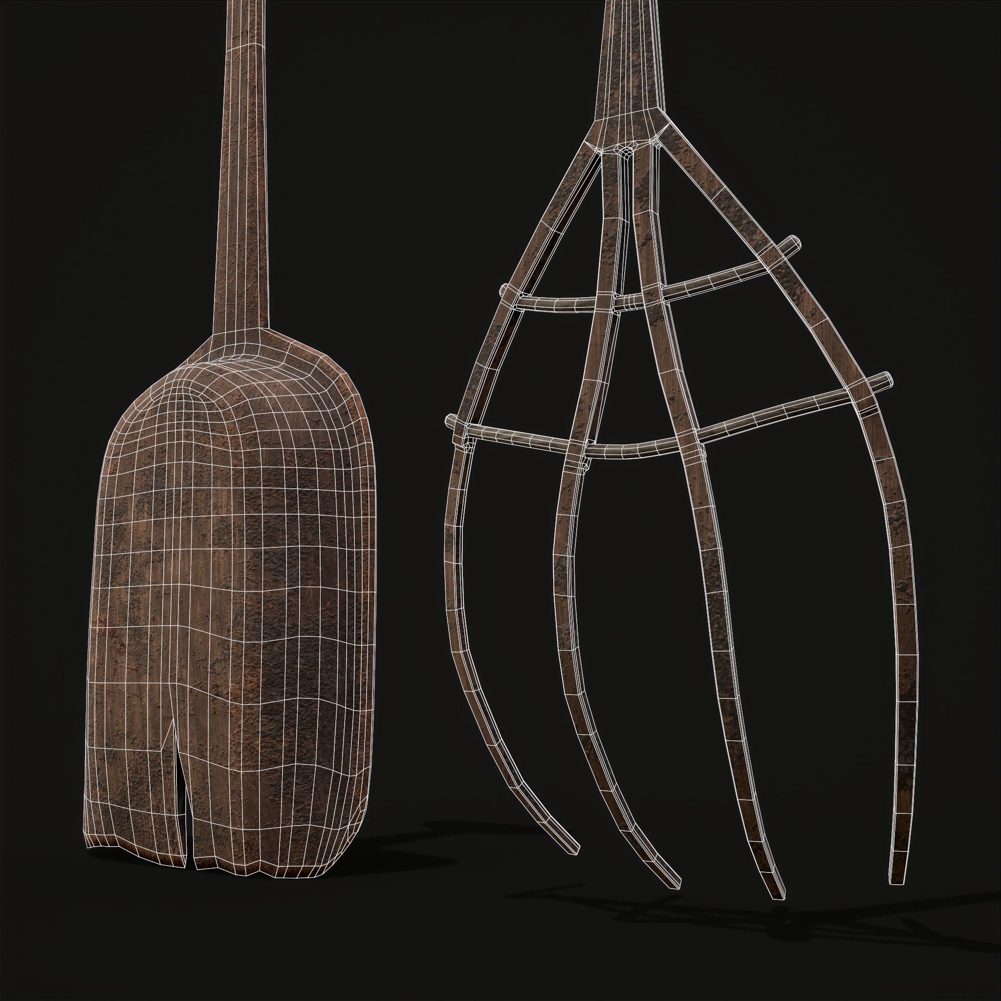 Rustic Medieval Wooden Shovel and Rake - 3D Model by Get Dead Entertainment