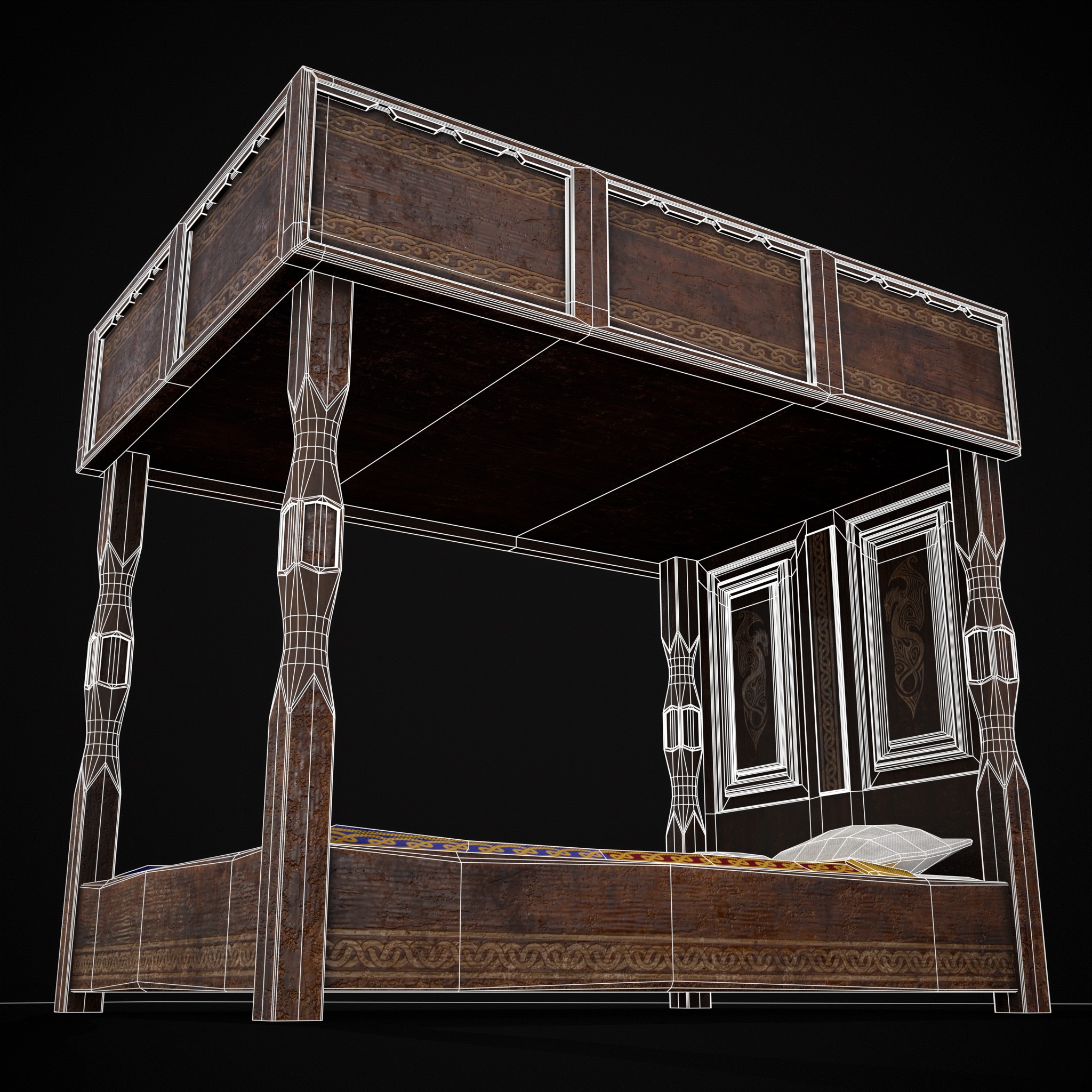 Rustic Wooden Bed With Red and Blue Blanket Package' - 3D Model by Get ...