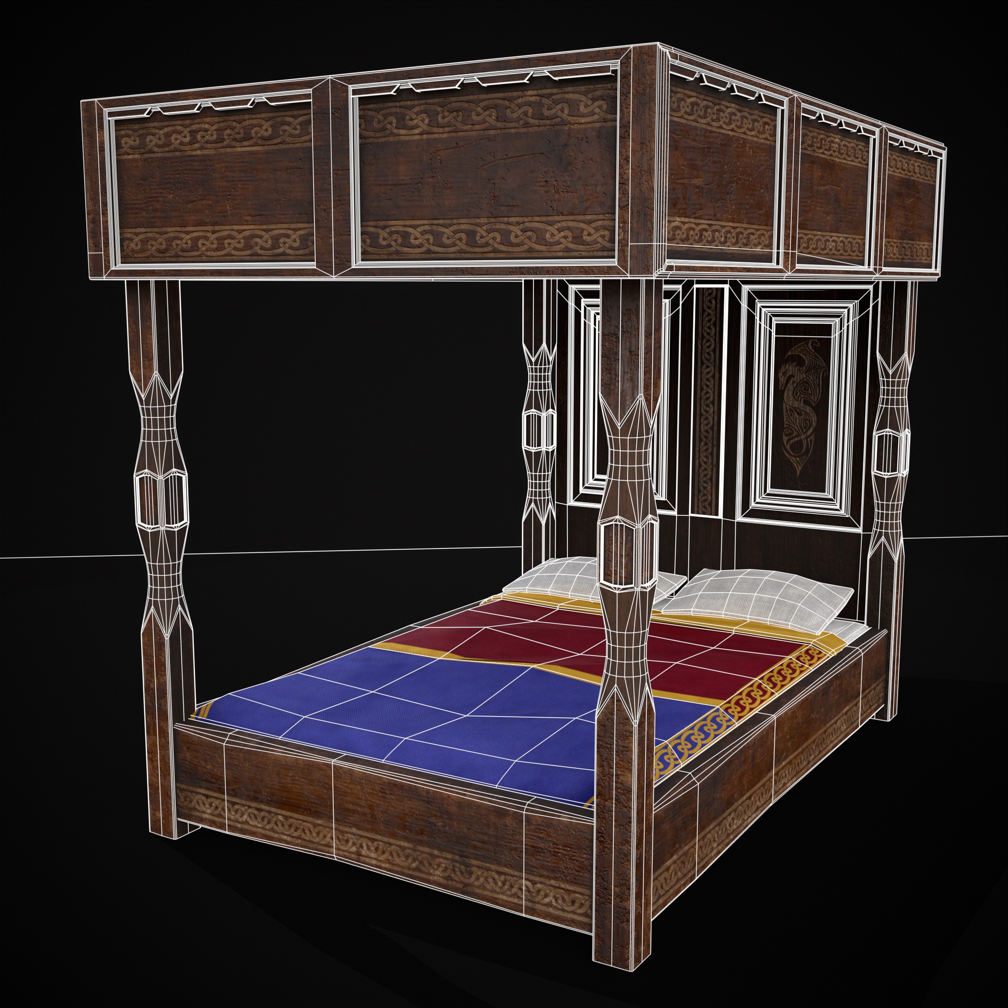 Rustic Wooden Bed With Red and Blue Blanket Package' - 3D Model by Get ...