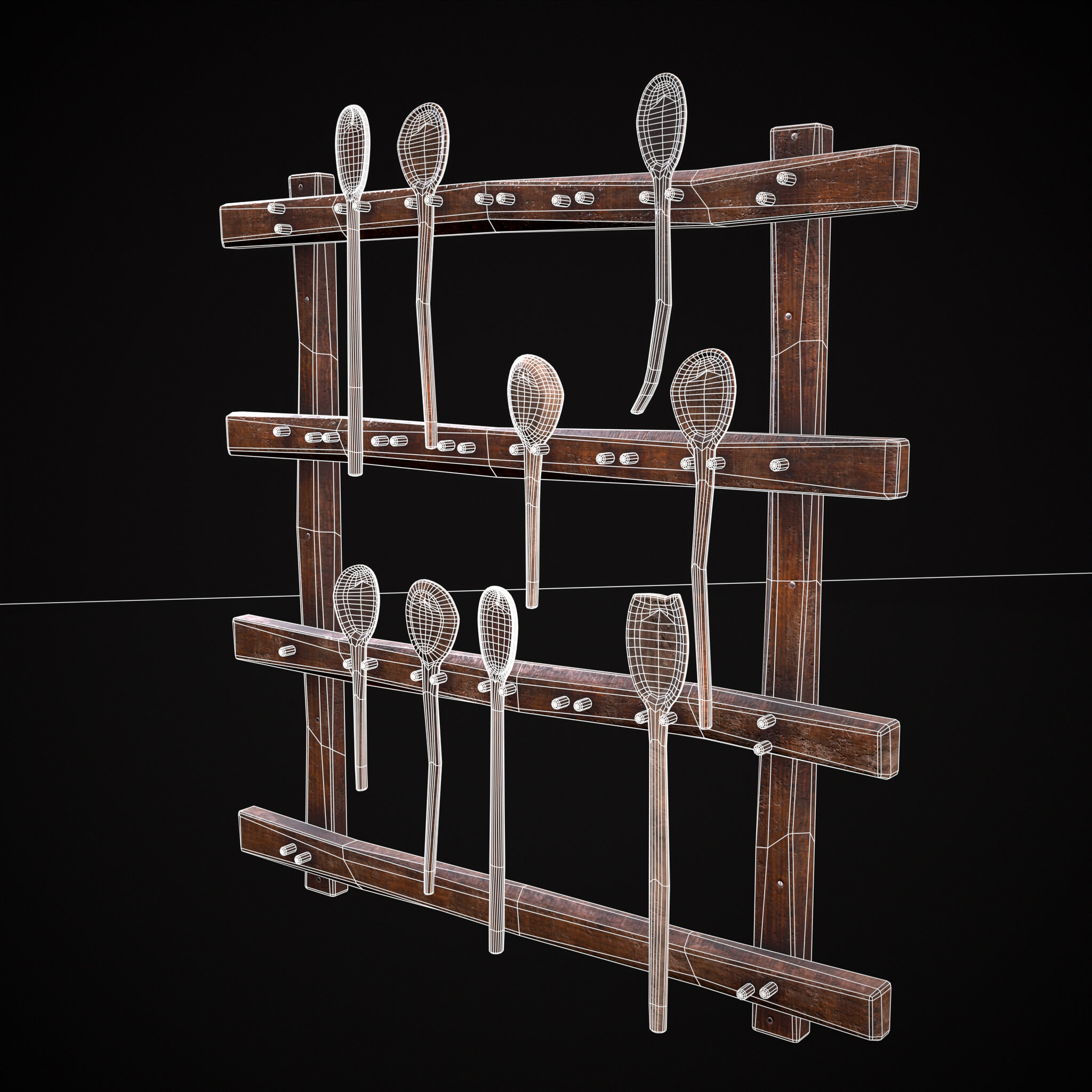 Worn Wooden Spoons Rack - 3D Model by Get Dead Entertainment