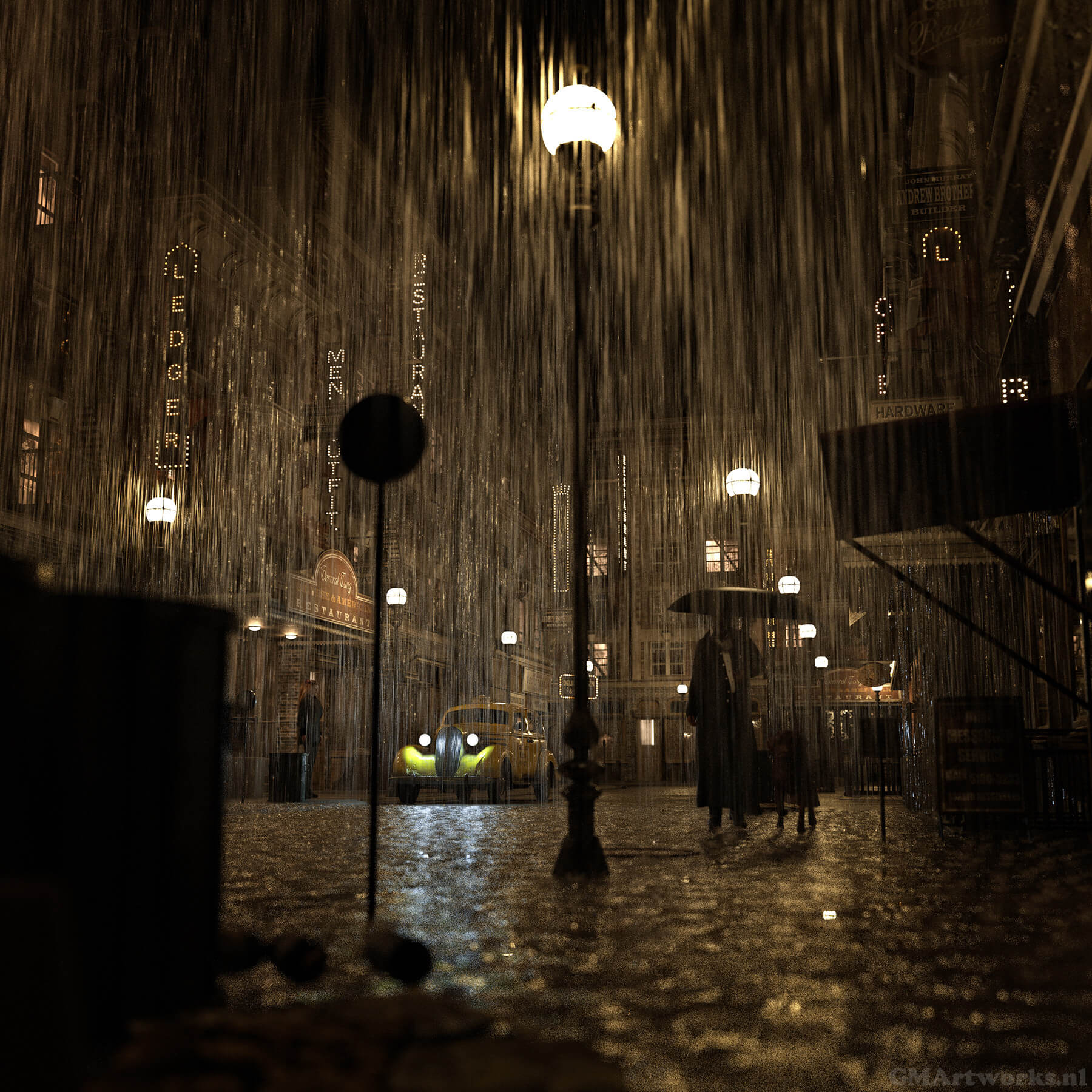 A rainy evening on East Houston Street 3D Render by GMArtworks