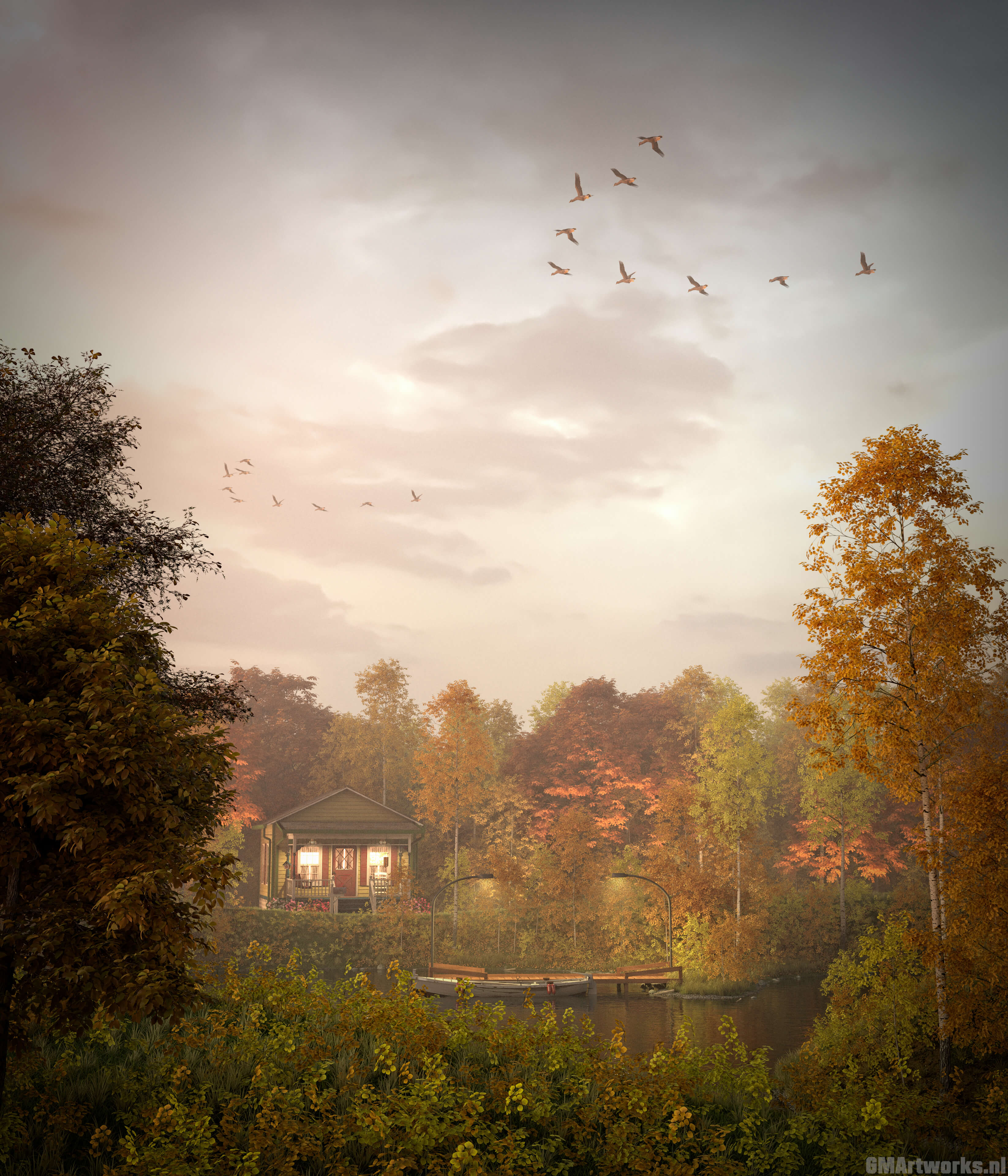 Autumn Cottage 3D Render, Digital Art by GMArtworks