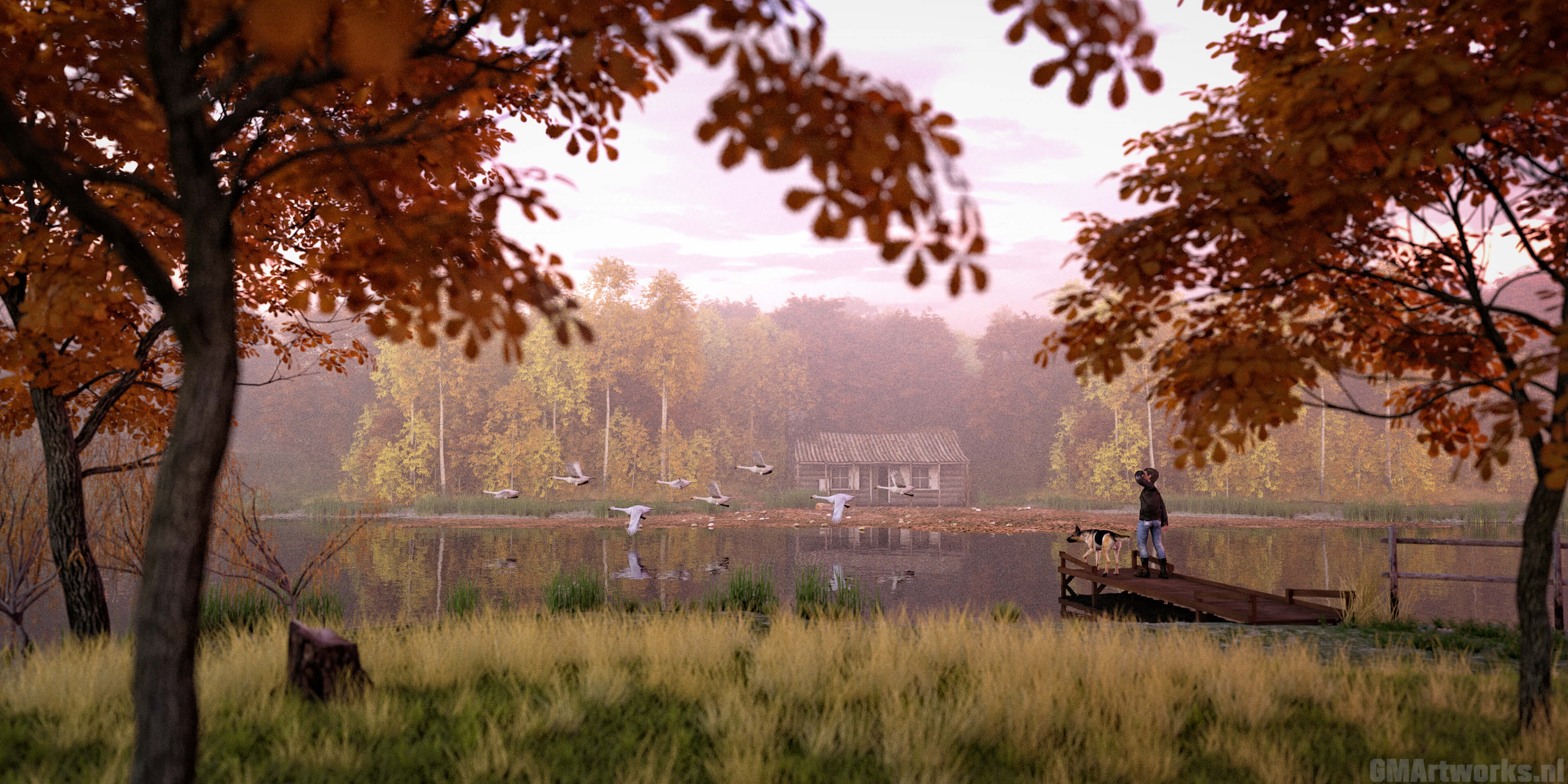 Autumn Lake Nature 3D Render, Digital Art by GMArtworks