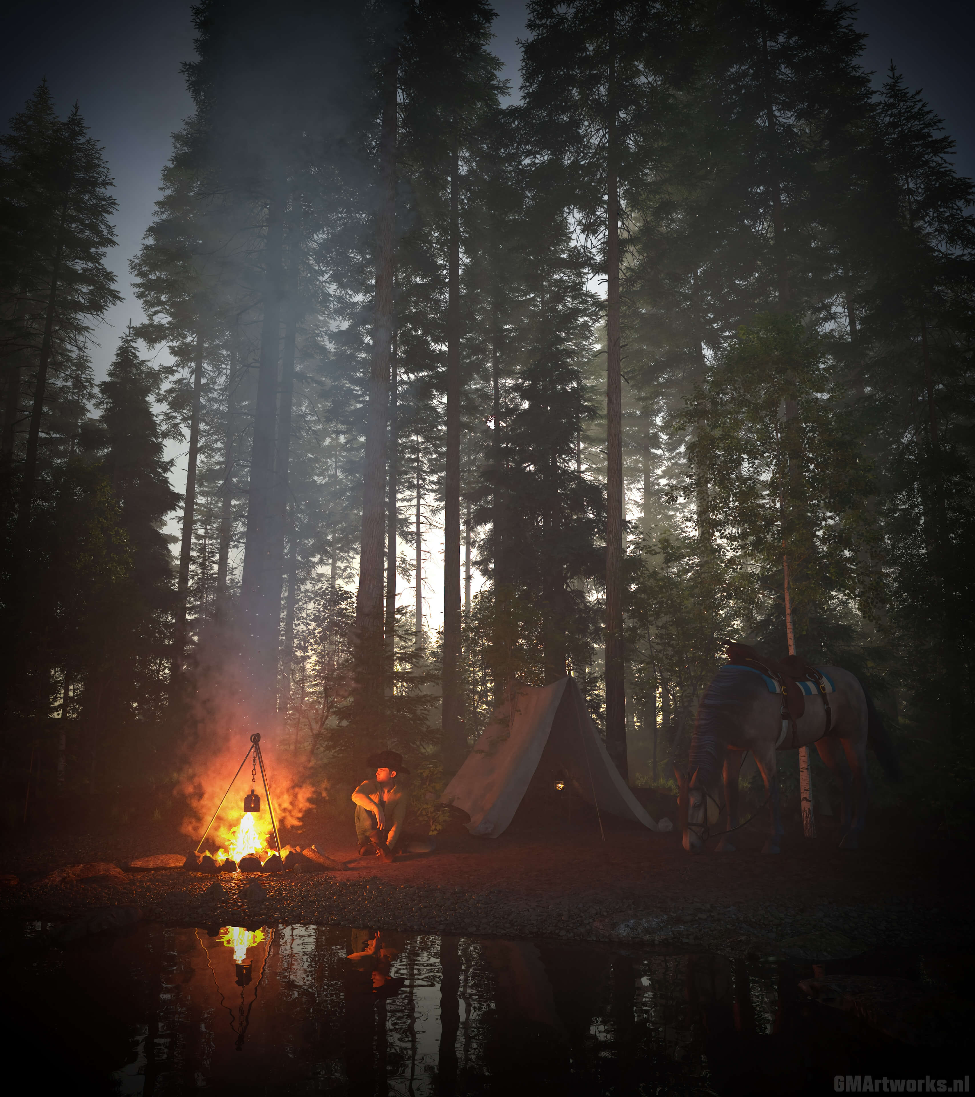 Campsite in the Forest 3D Render, Digital Art by GMArtworks