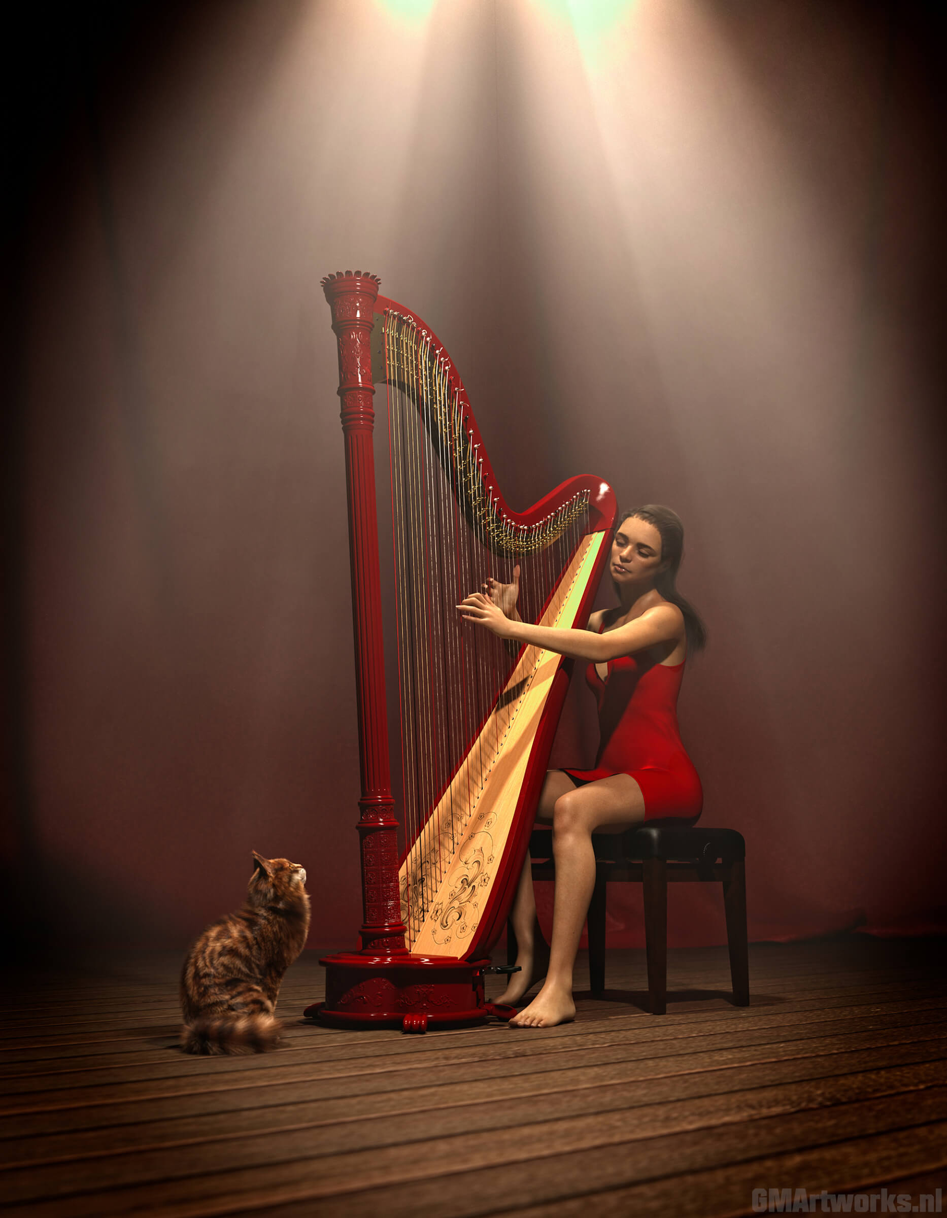 Cat Loves Harp 3D Render, Digital Art by GMArtworks